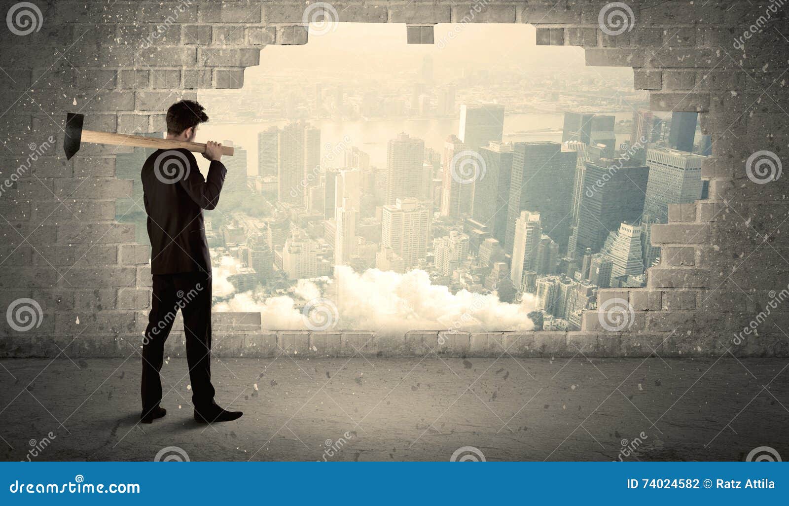 Business Man Hitting Wall with Hammer on City View Stock Photo - Image ...