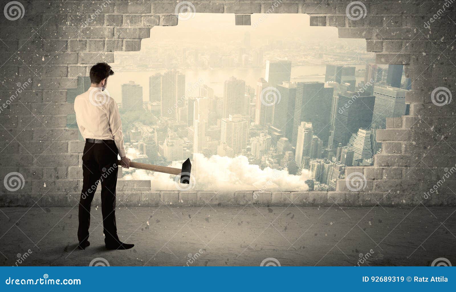 Business Man Hitting Wall with Hammer on City View Stock Image - Image ...
