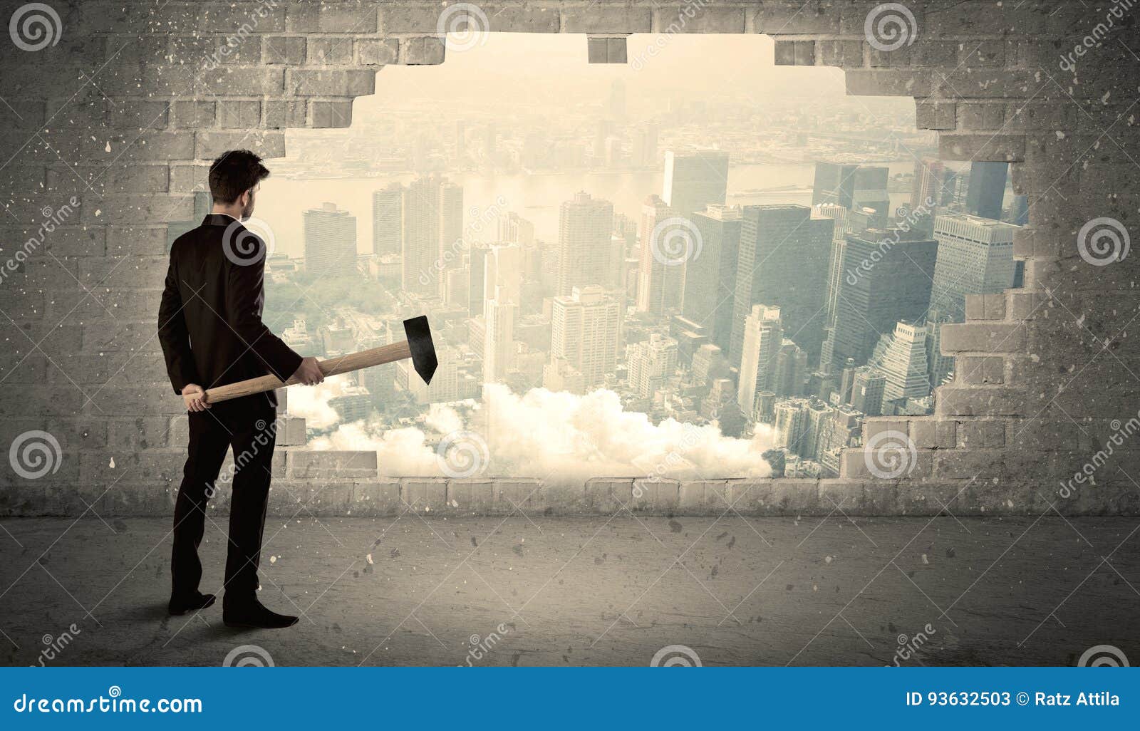 Business Man Hitting Wall with Hammer on City View Stock Image - Image ...