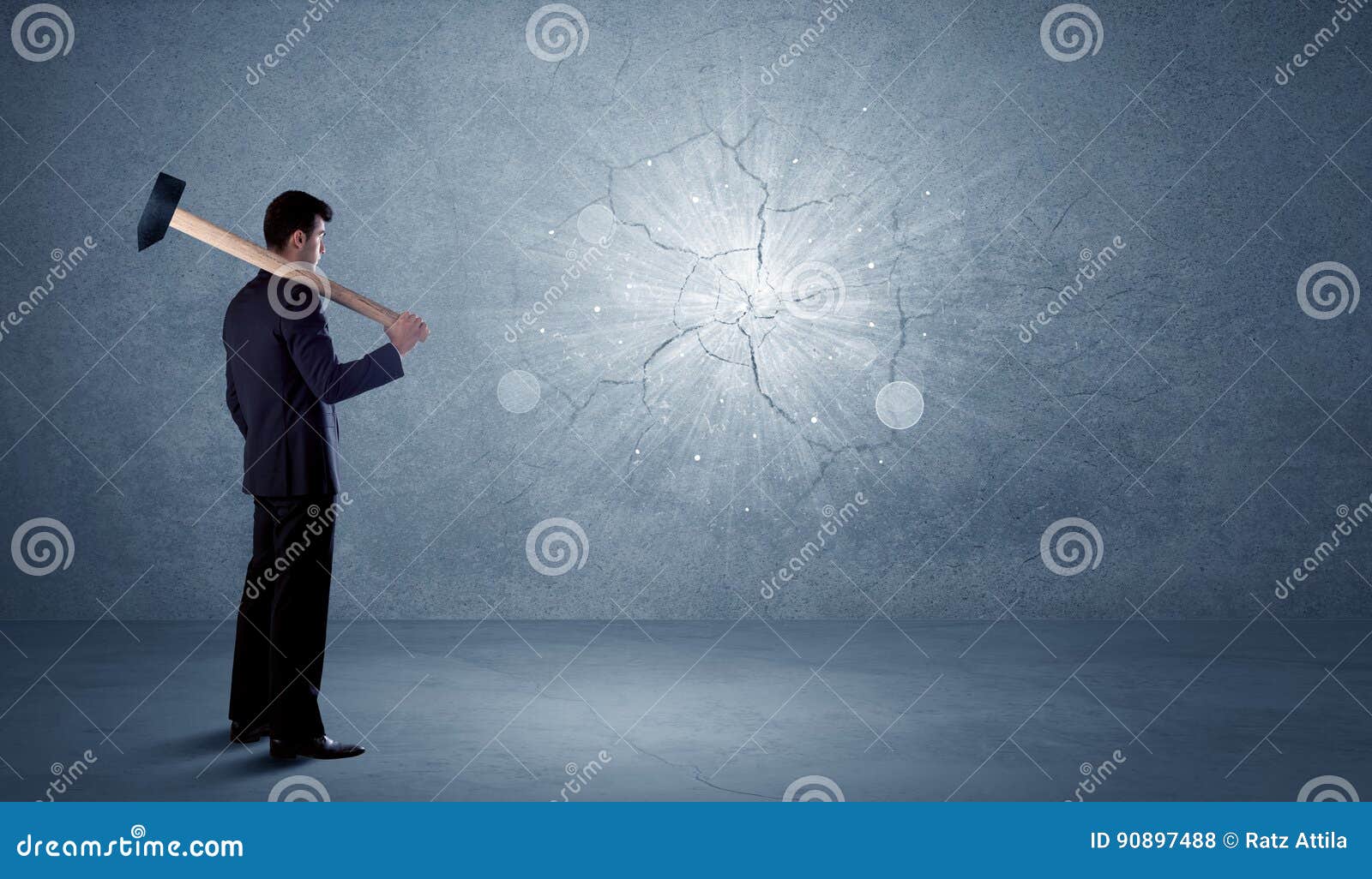 Business Man Hitting Wall with a Hammer Stock Photo - Image of office ...