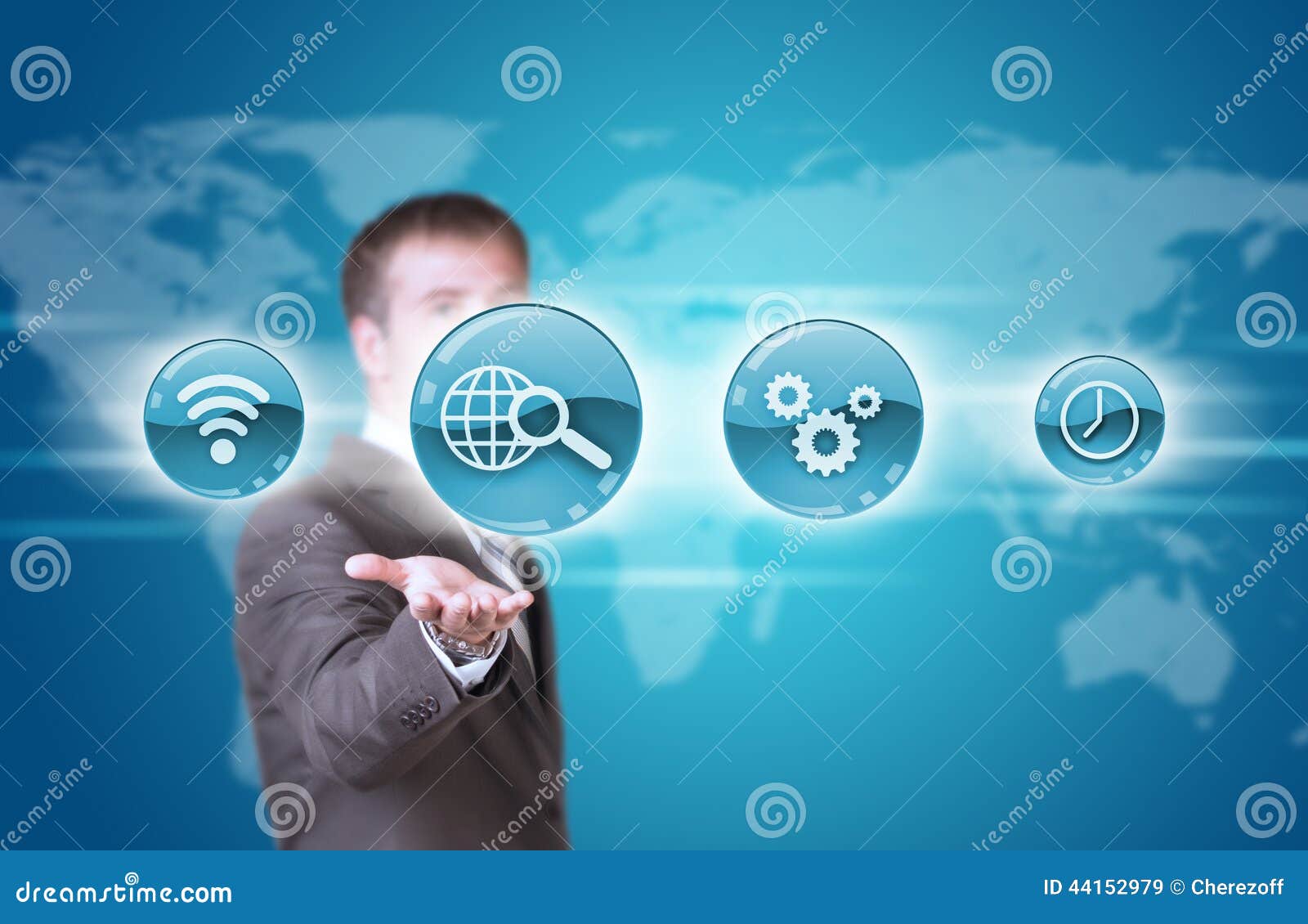 Business Man Hold Blue Application Icons in Hand Stock Image - Image of ...
