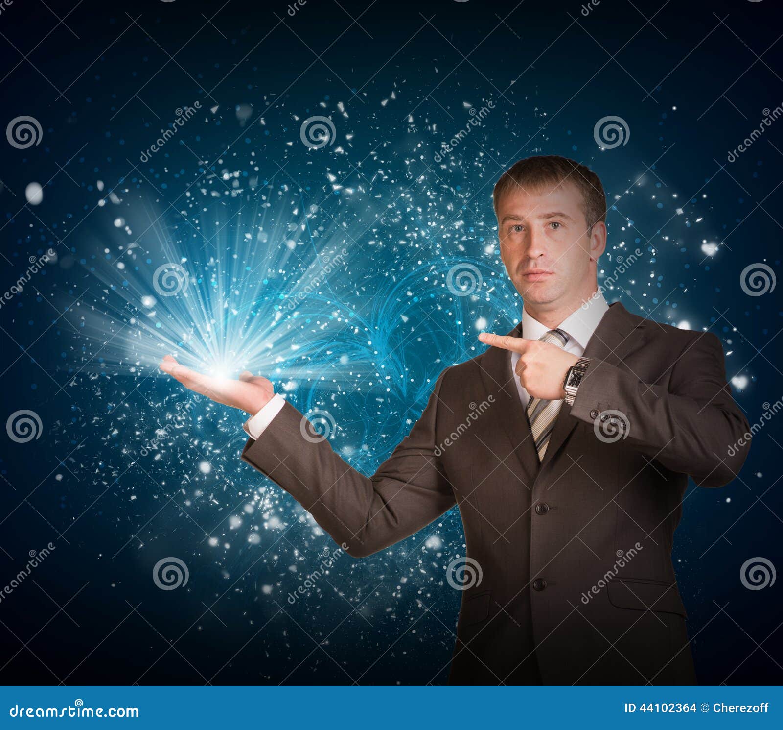 Business Man Hold Magic Light in Hand Stock Photo - Image of looking ...