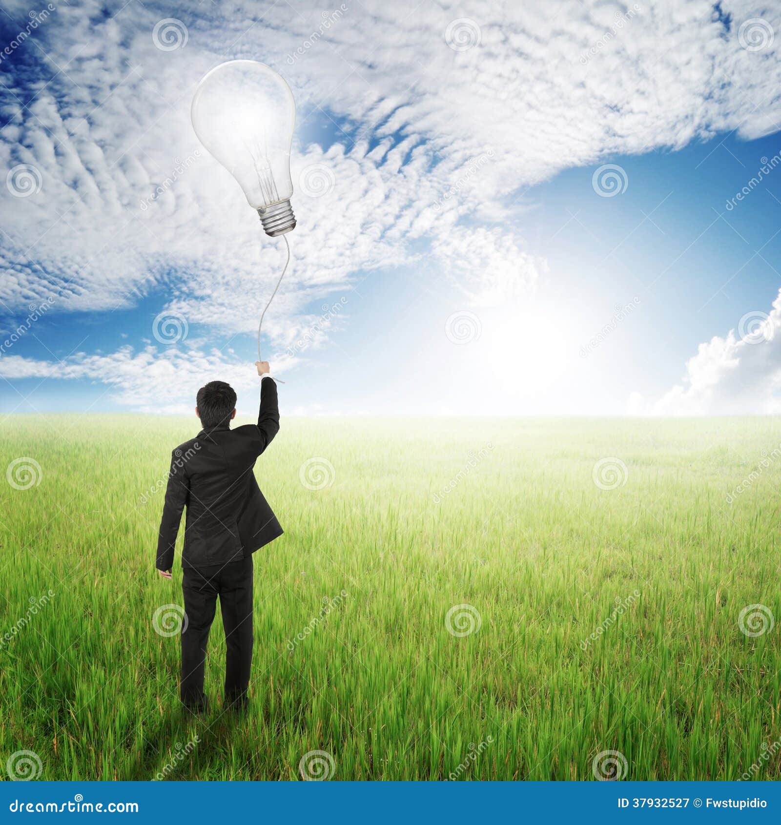 Business Man Holding Bulb Balloon in Fields and Sun Sky Stock Image ...