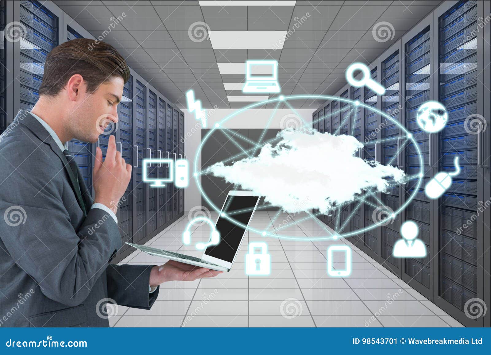 Business Man Holding a Computer and Graphics in Server Room Stock Image ...