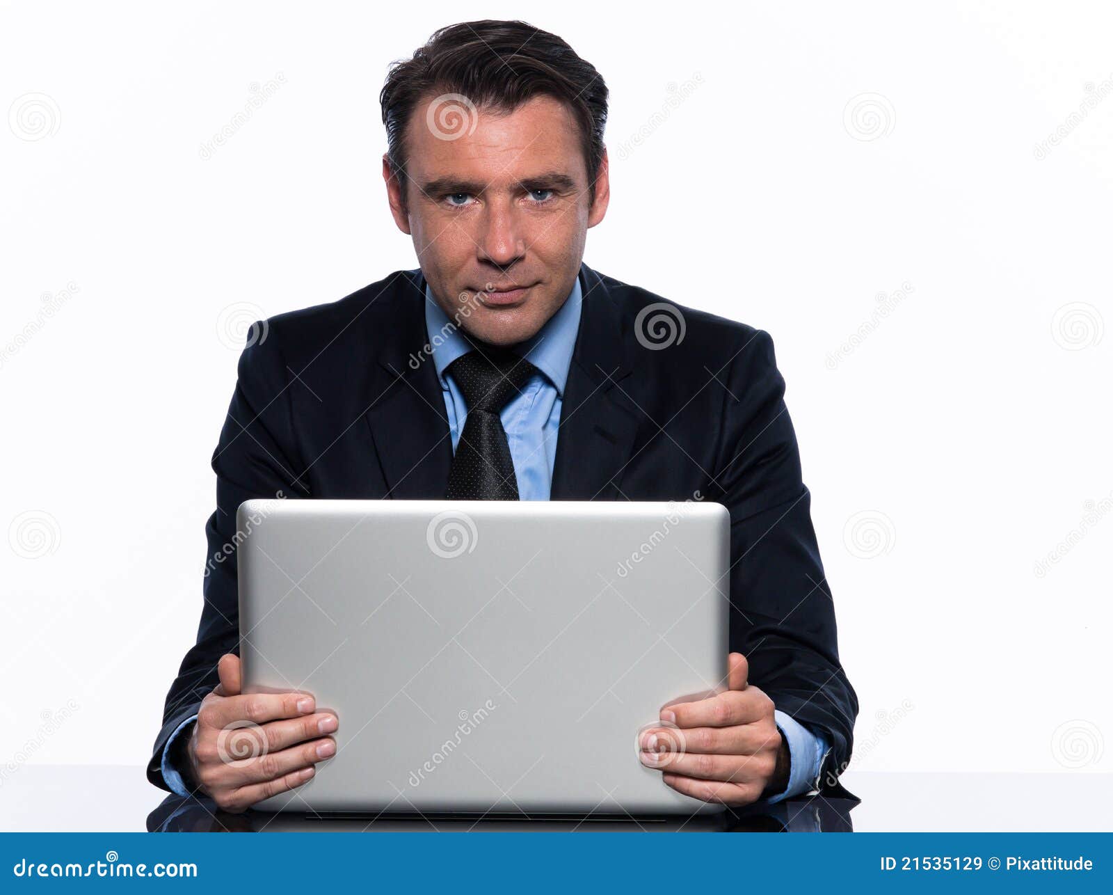 Business Man Holding Computer Looking at Camera Stock Image - Image of ...