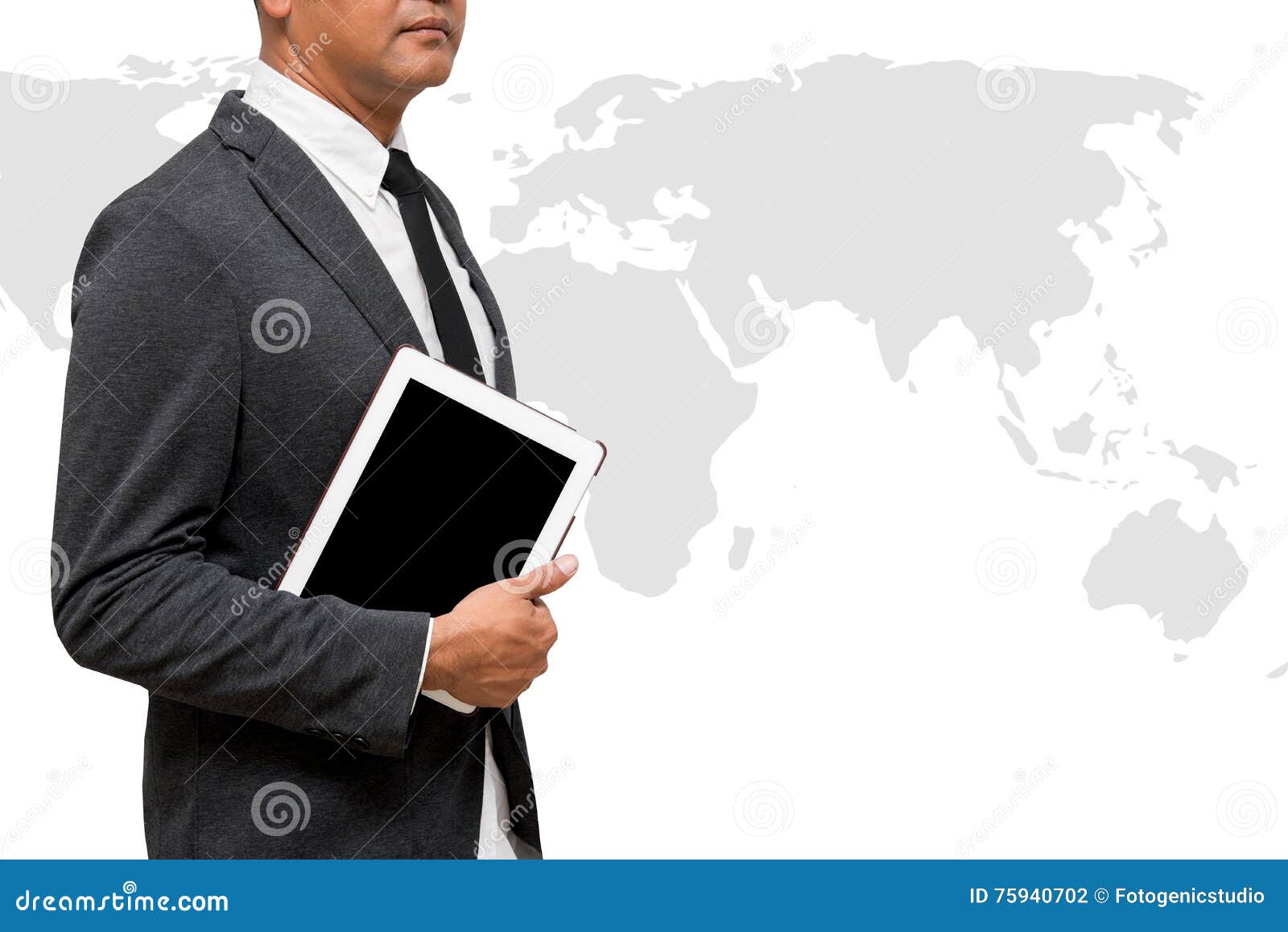 Business Man Holding Computer Tablet with World Map Stock Photo - Image ...