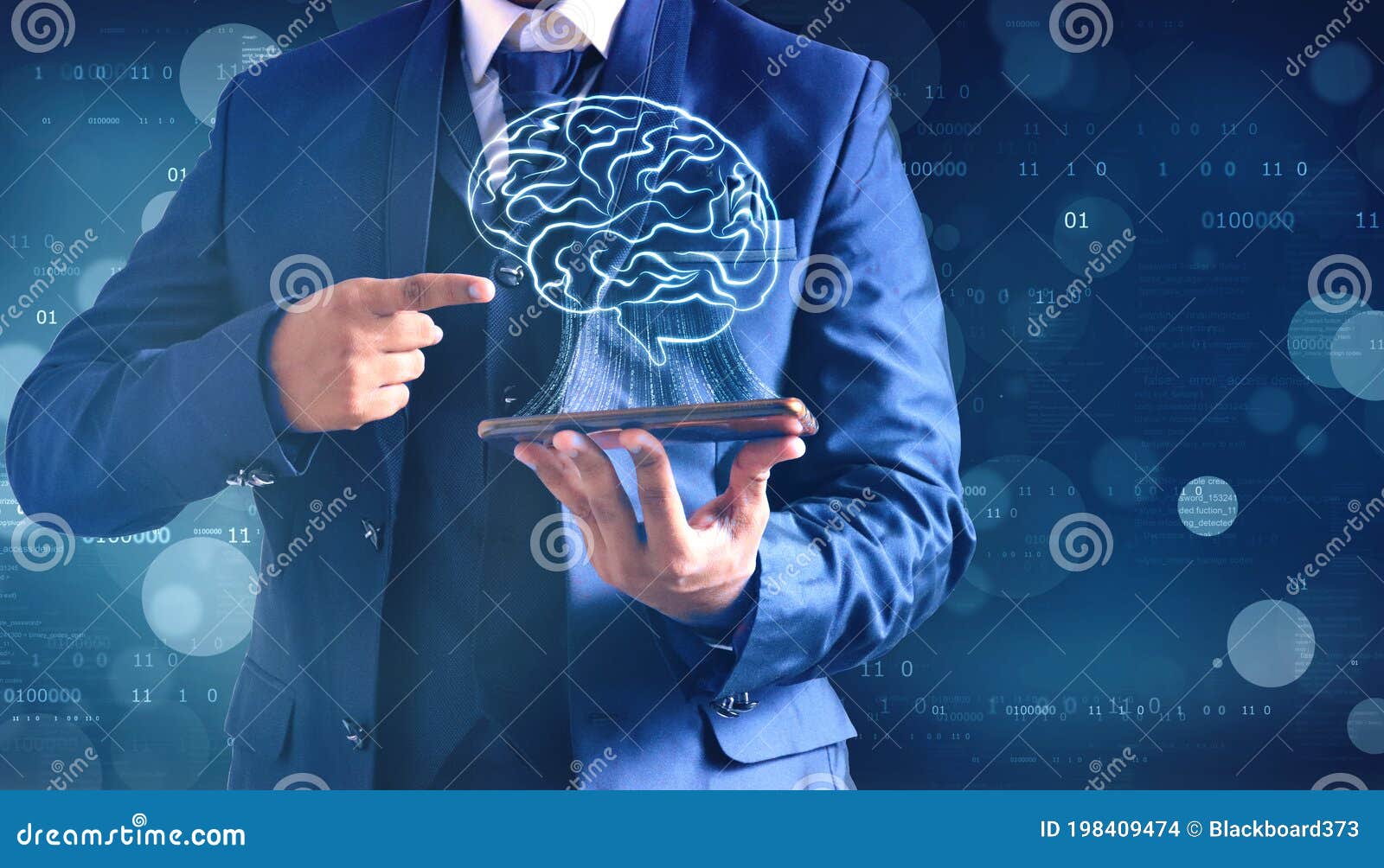 Business Man Holding Digital Human Brain Structure, Creative Brain ...