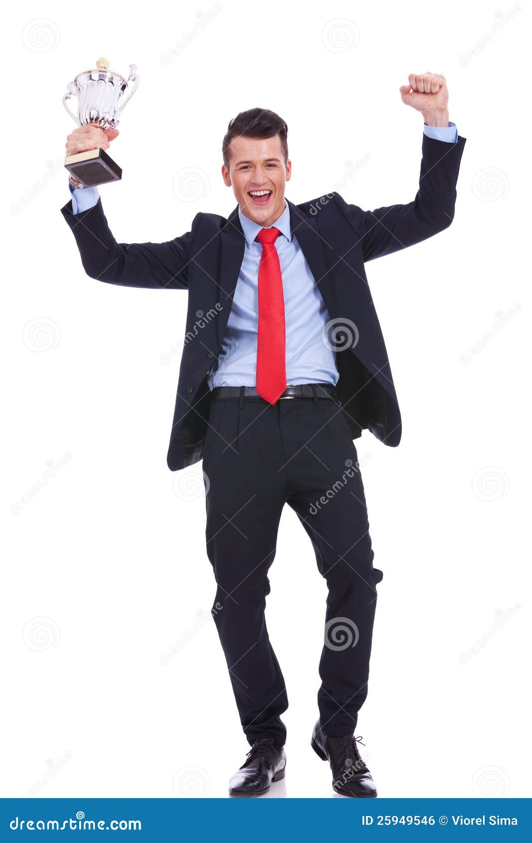 Business Man Holding a Gold Trophy Stock Photo - Image of laughing ...