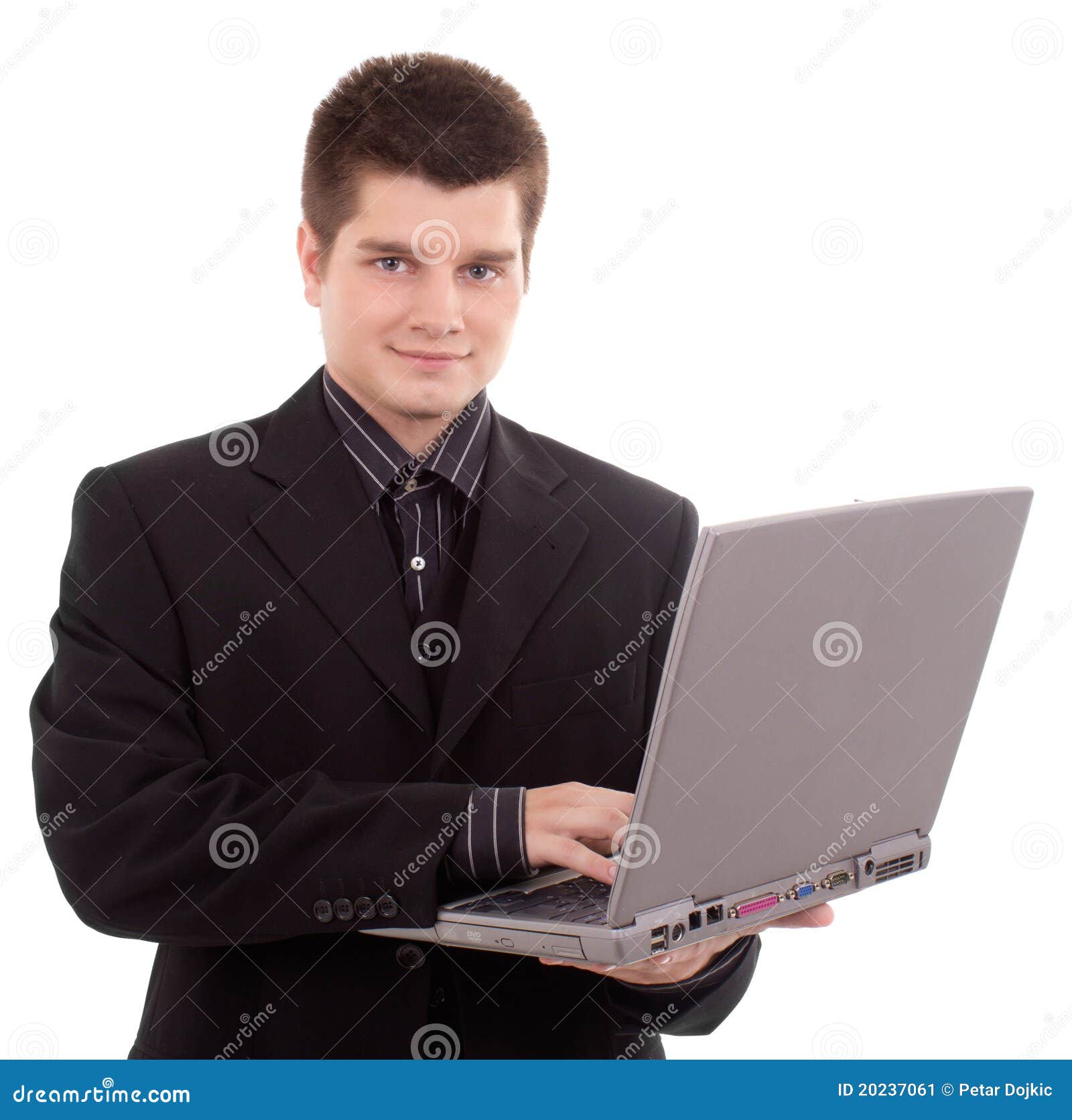 Business Man Holding Laptop on White Stock Image - Image of computer ...