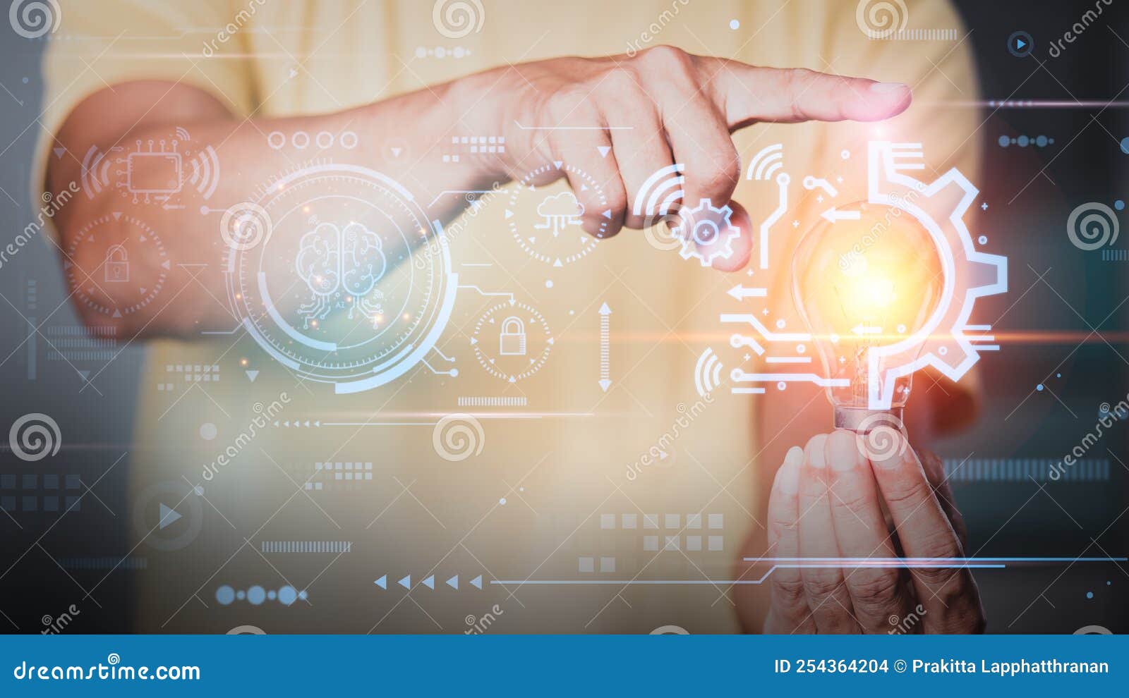 Business Man Holding Light Bulb and Virtual Icon in Hand, Artificial ...