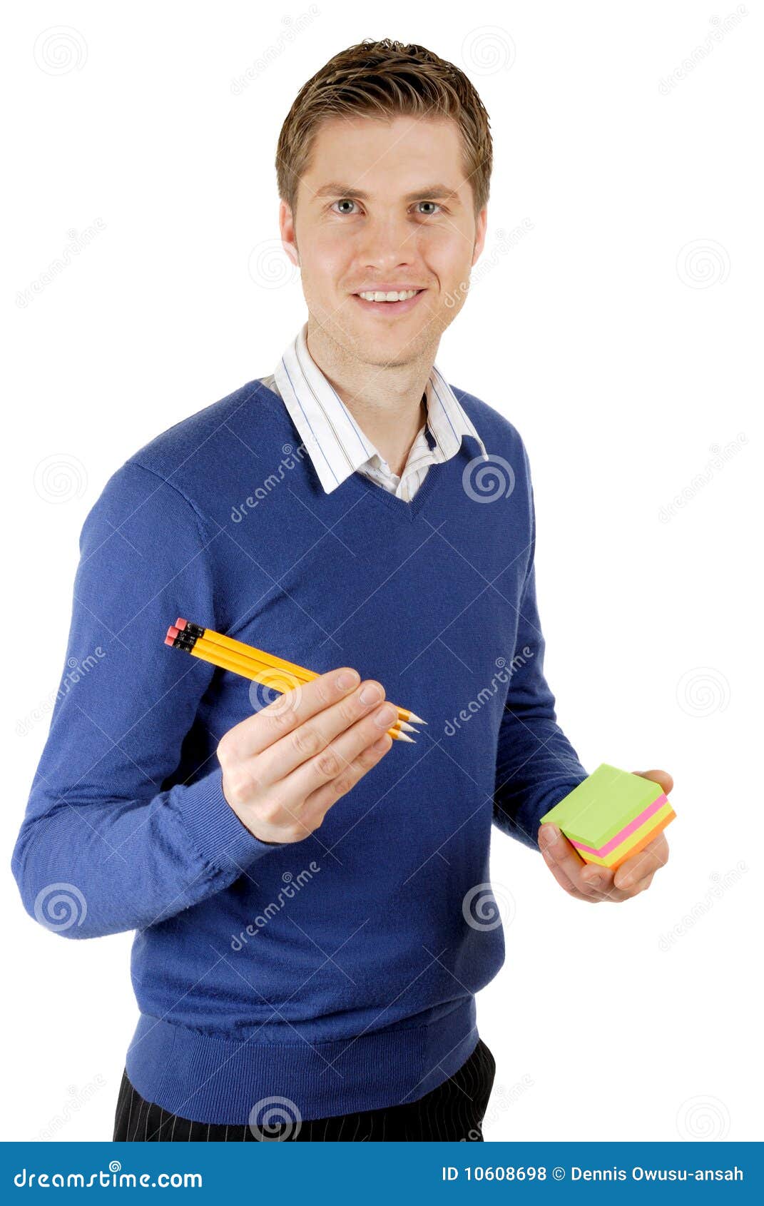 Business Man Holding Post Its and Pencils Stock Photo - Image of ...