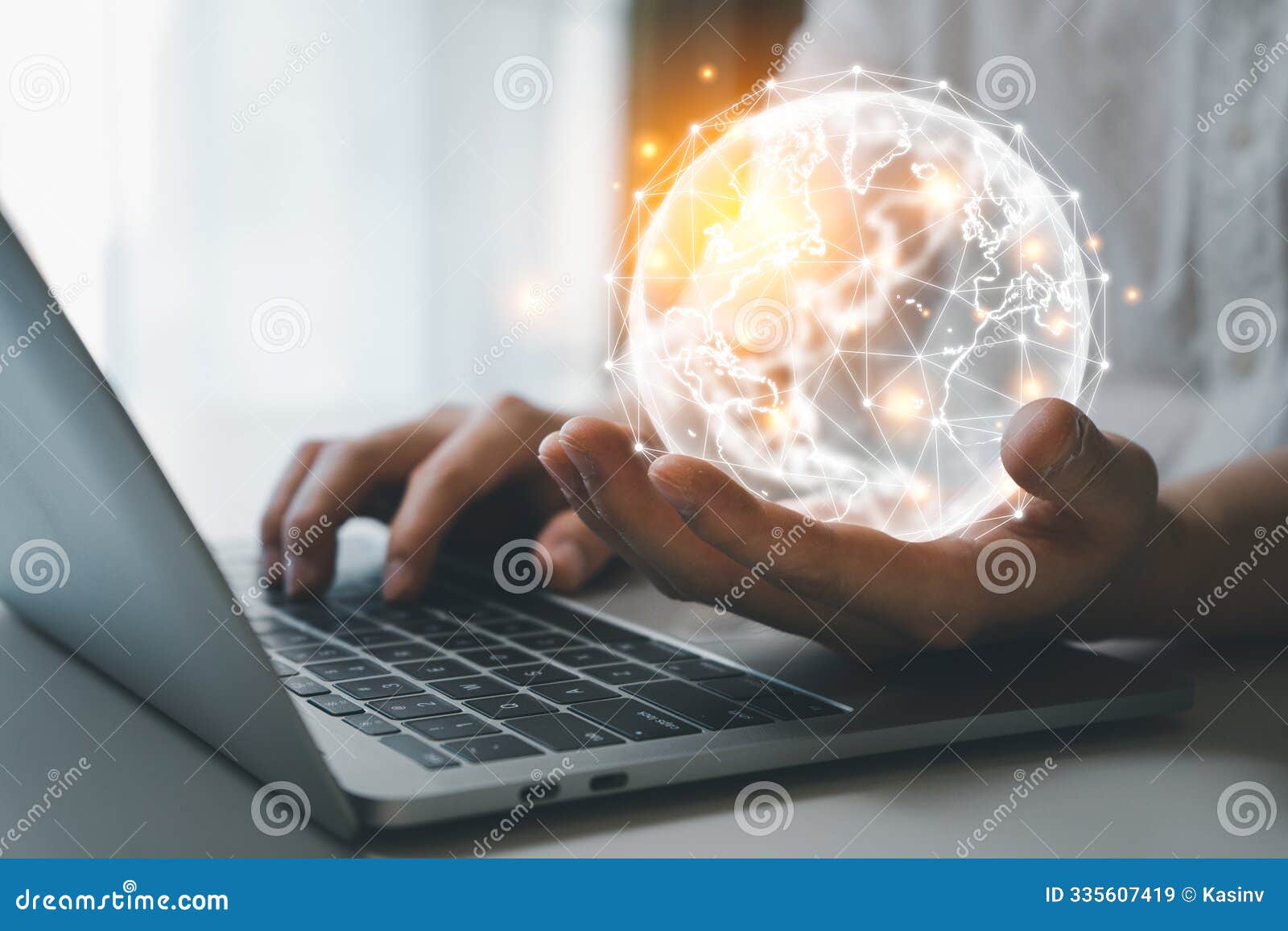 Business Man Holding Virtual Globe and Using Laptop Computer, Represent ...