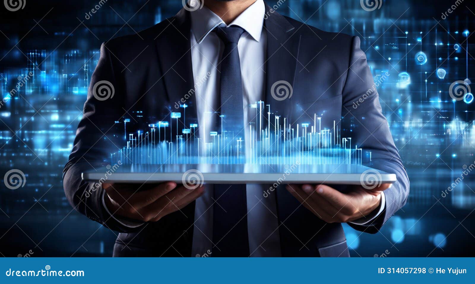 Business Man Holding a White Touchpad with Cloud Technology and Charts ...