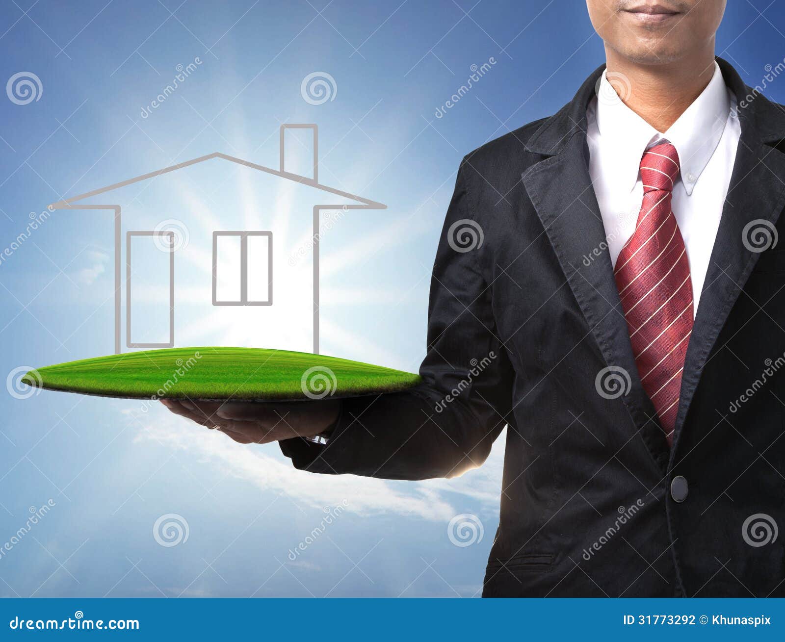 Business Man and Home on Green Land in Hand Stock Photo - Image of ...