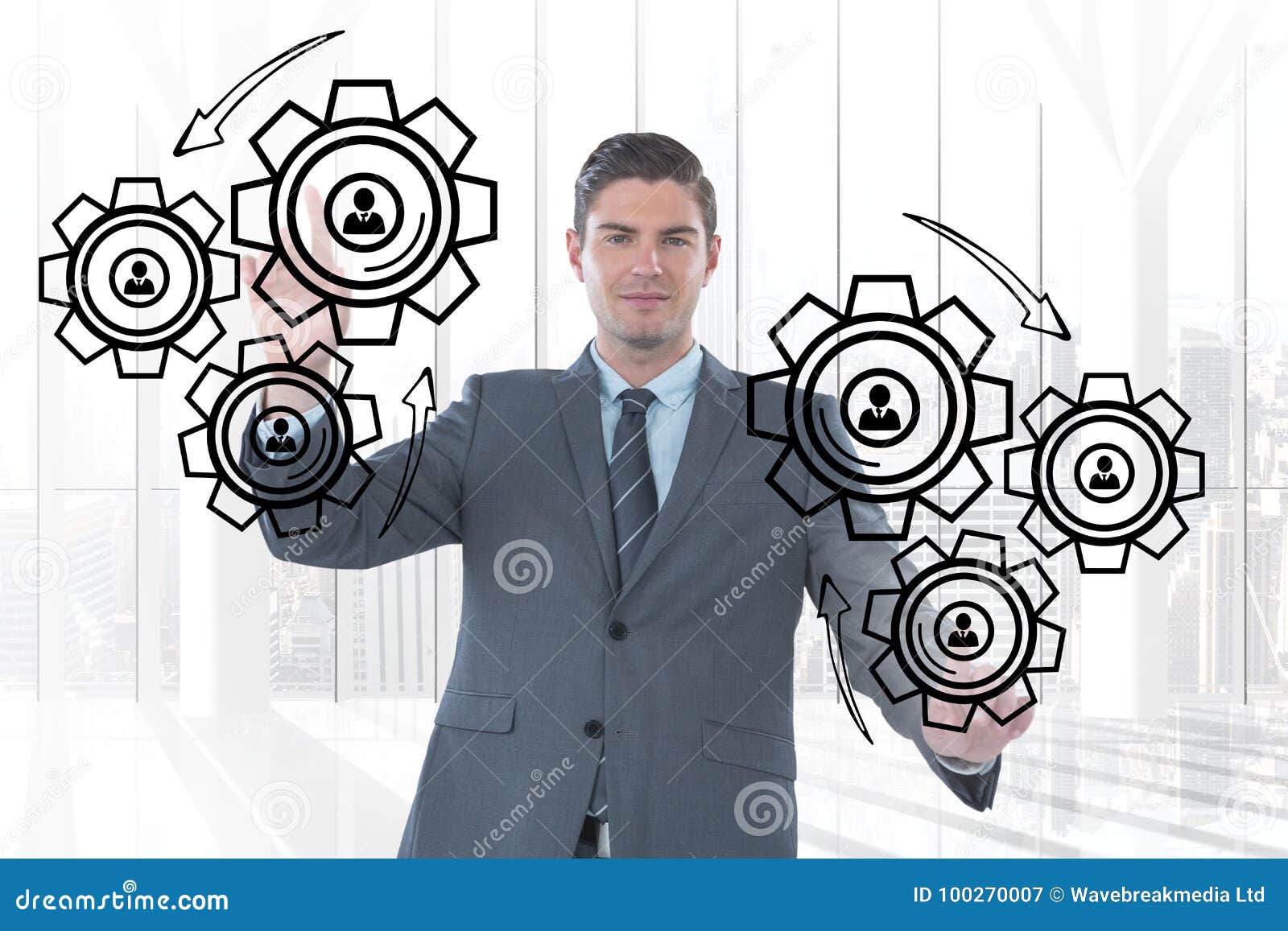 Business Man Interacting with People in Cogs Graphics Against Office ...