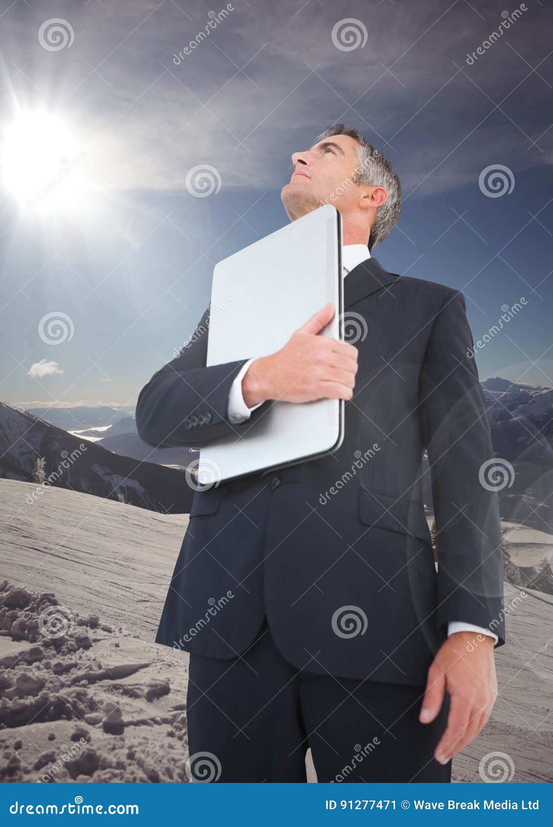 Business Man with Laptop Looking Up on Mountain Stock Image - Image of ...