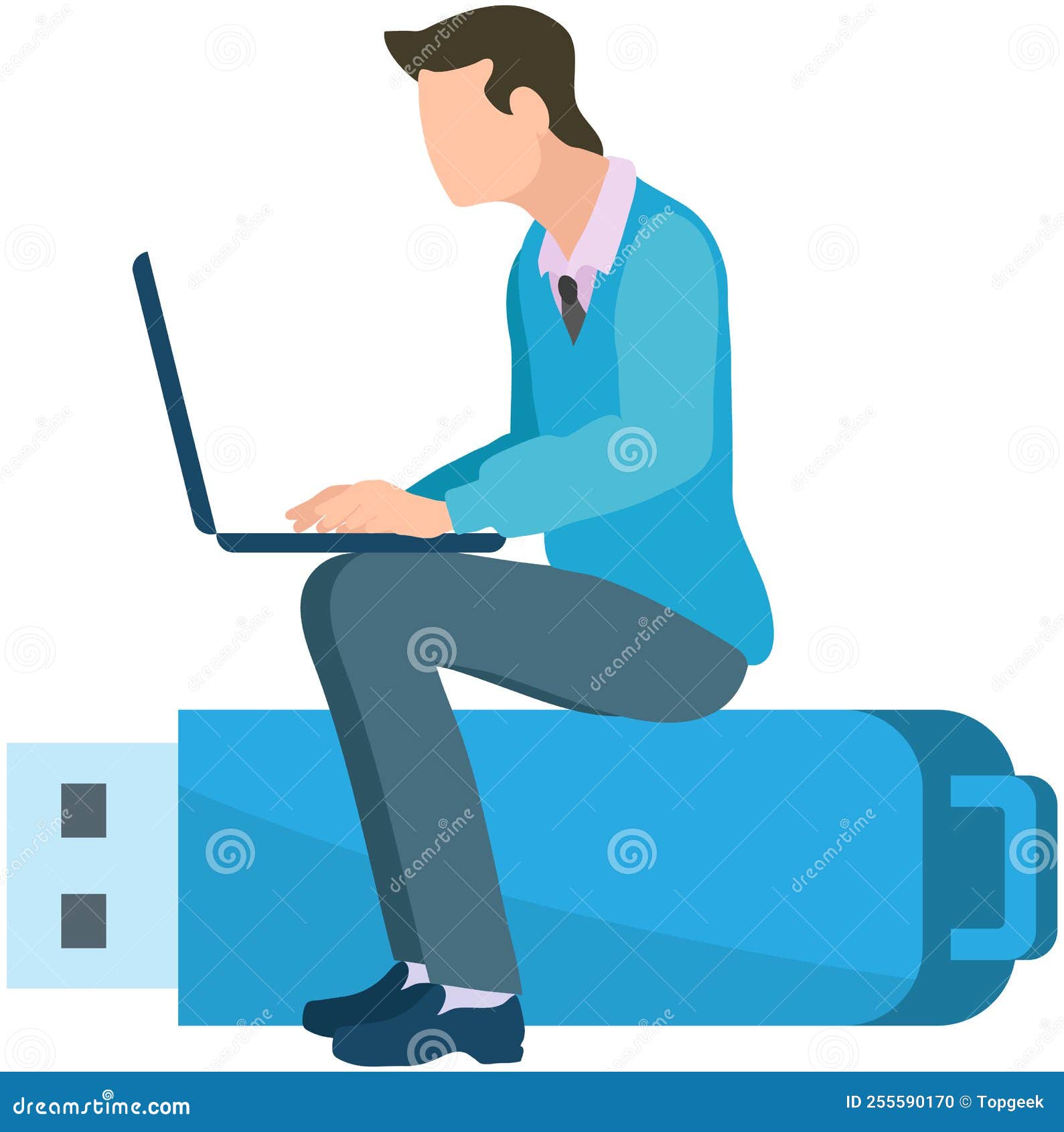 Business Man with Laptop Sitting on Usb Flash Drive. Freelancer or ...