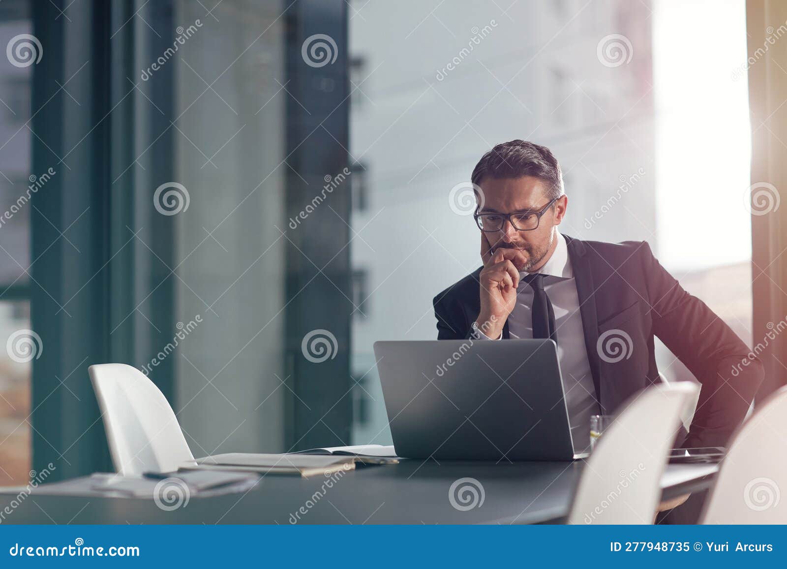 Business Man, Laptop and Thinking, Reading or Online Decision, Choice ...