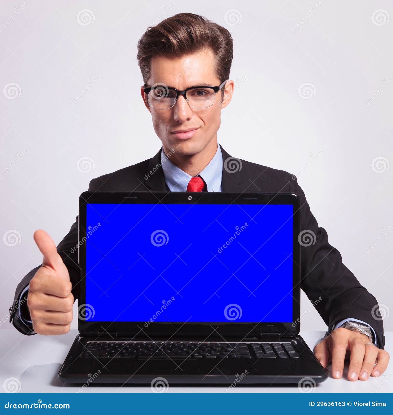 Business Man with Laptop & Thumb Up Stock Image - Image of eyeglasses ...