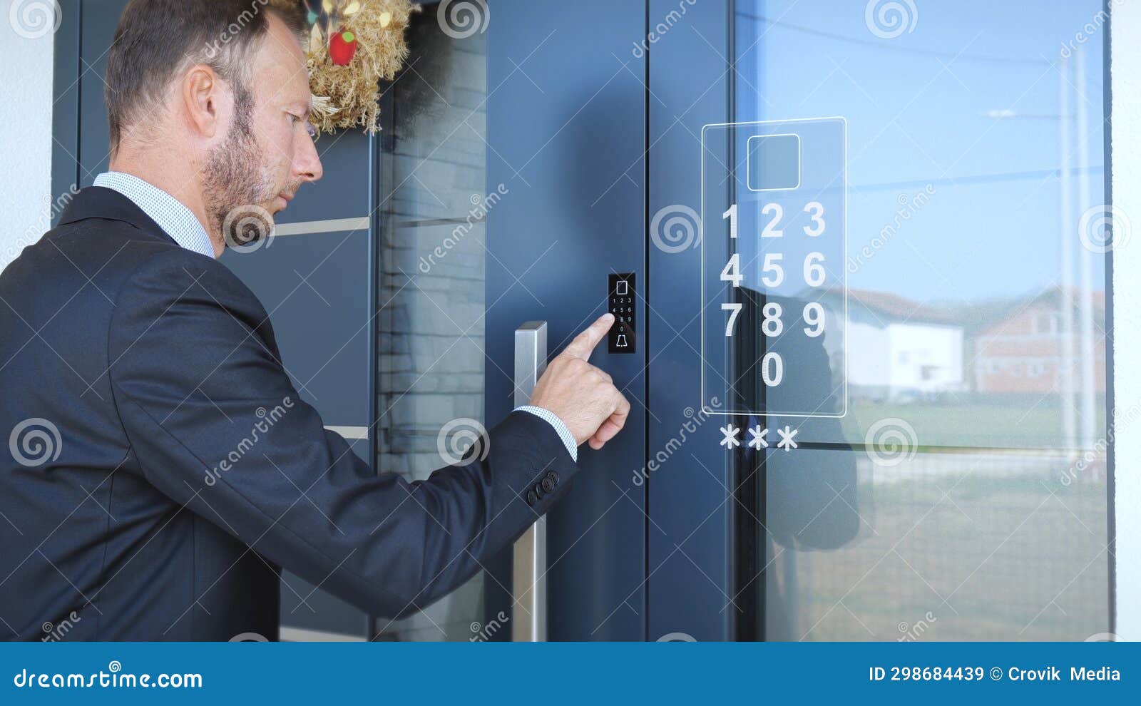 Business Man Locking Smart Home Door with Password before Leaving Stock ...