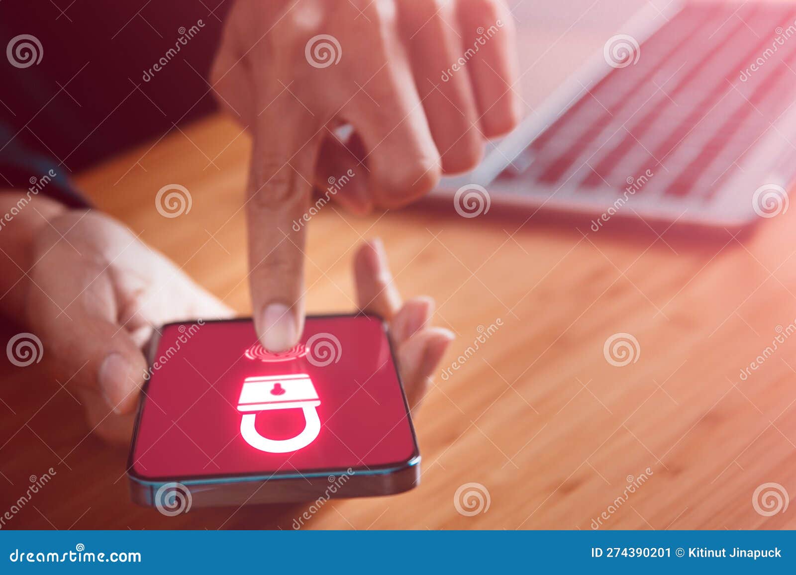 Business Man is Logging into System by Mobile Phone and Touch Security ...