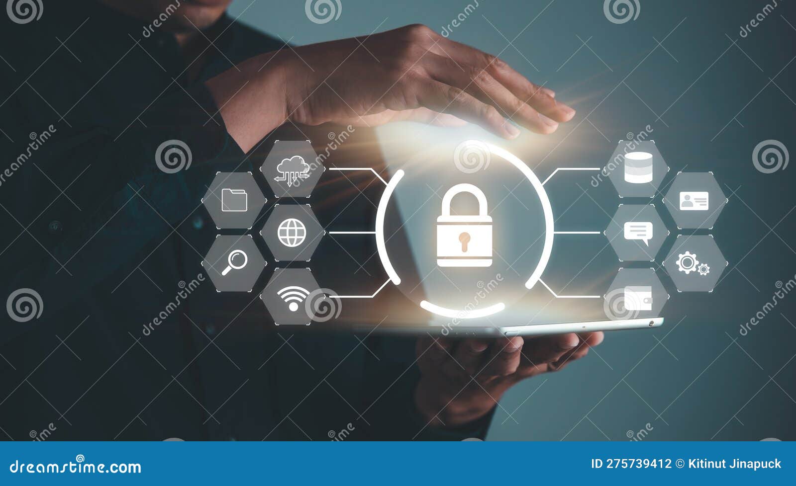 Business Man is Logging into System and Security Icon on Screen ...