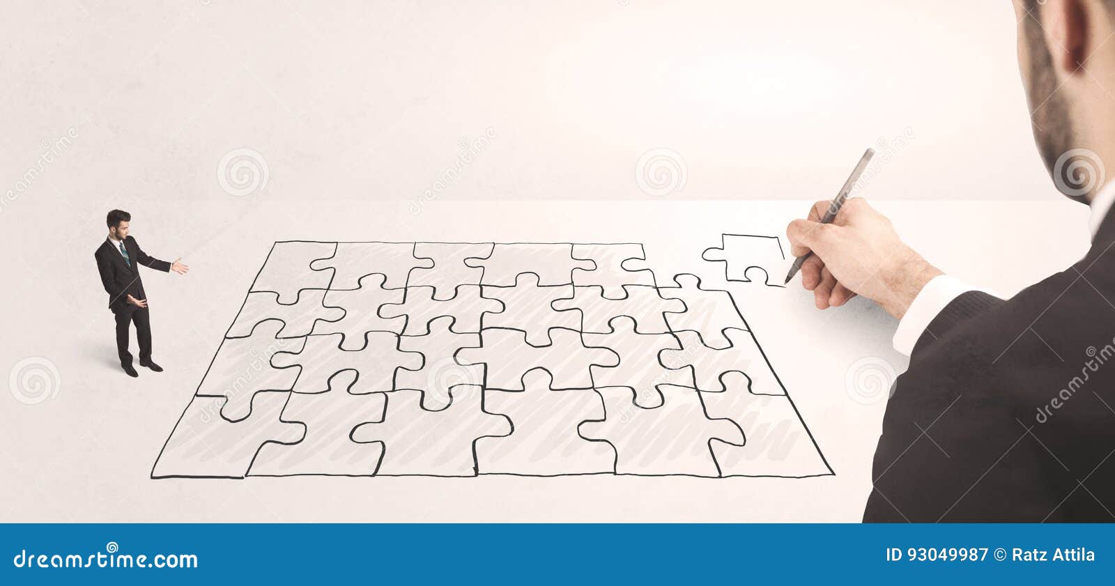 Business Man Looking at Hand Drawing Solution Stock Image - Image of ...