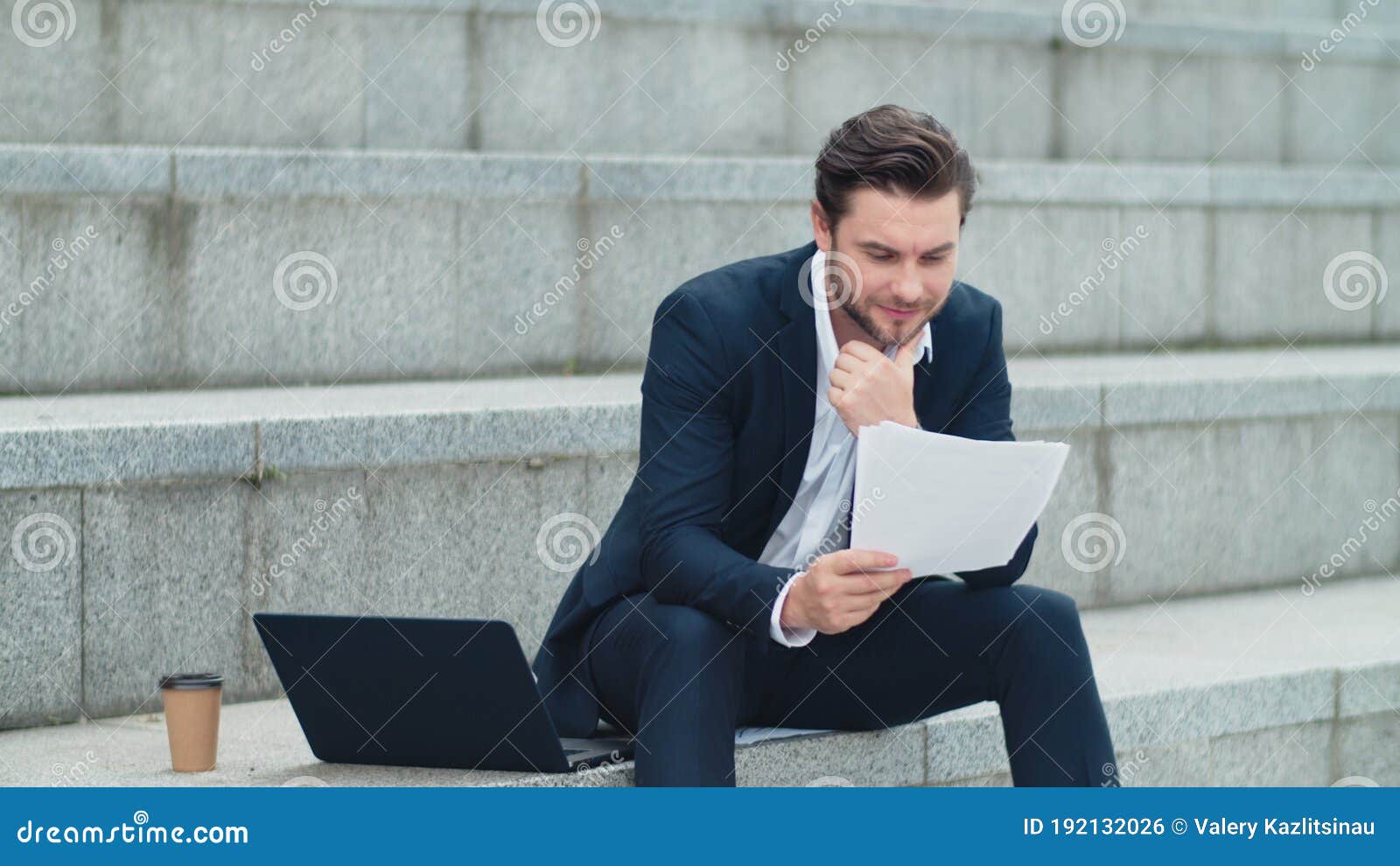 Business Man Looking at Papers on Street. Executive Thinking about ...