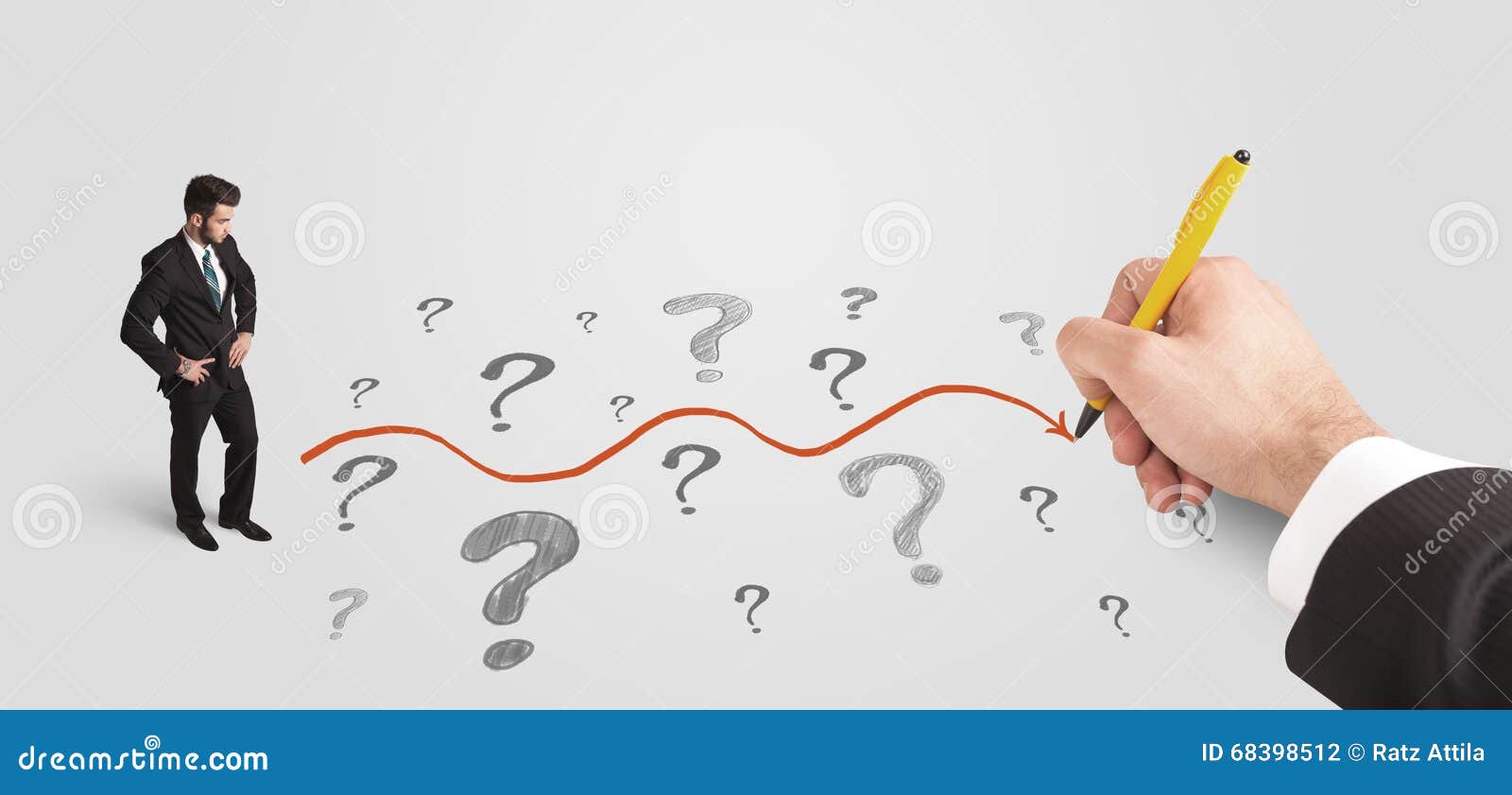 Business Man Looking at Question Marks and Solution Path Stock Photo ...