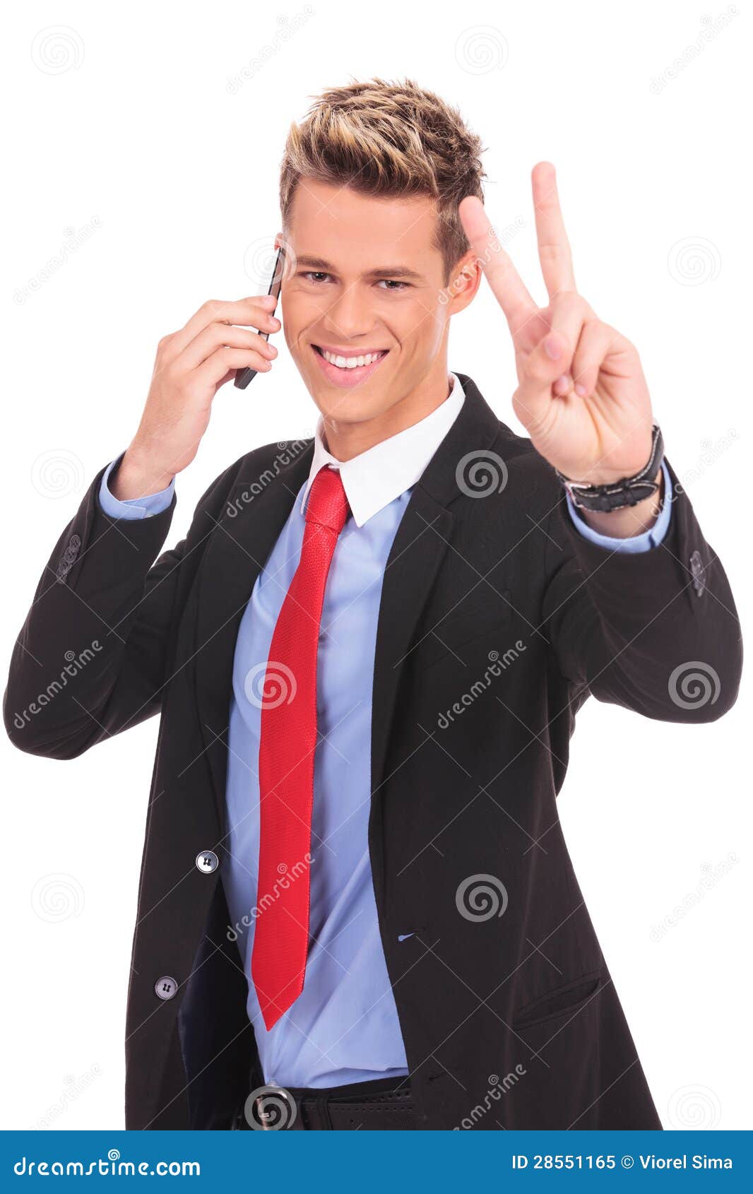 Business Man Making Victory on Phone Stock Image - Image of call, smart ...