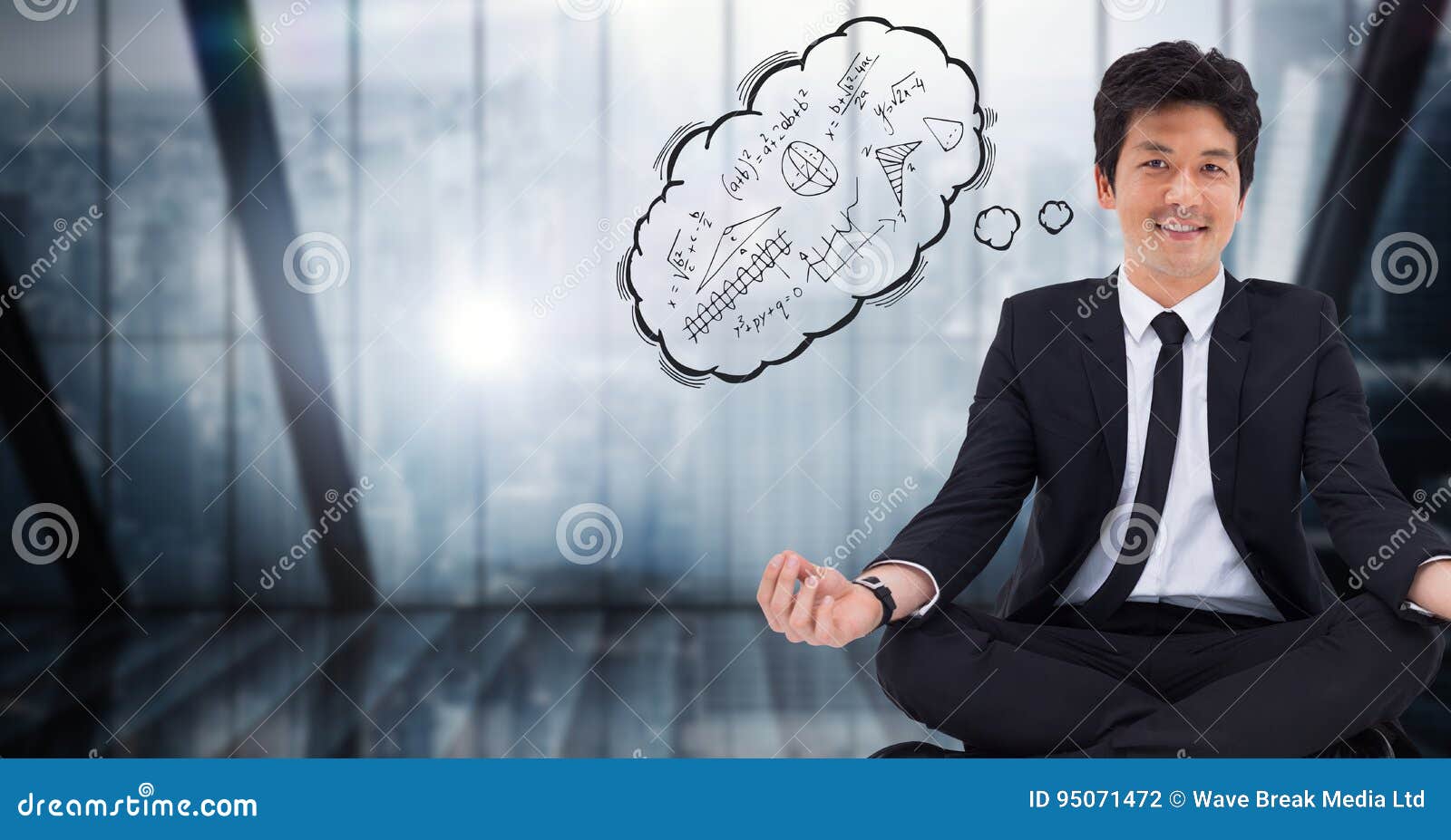 Business Man Meditating Against Blue Window with Thought Cloud Showing ...