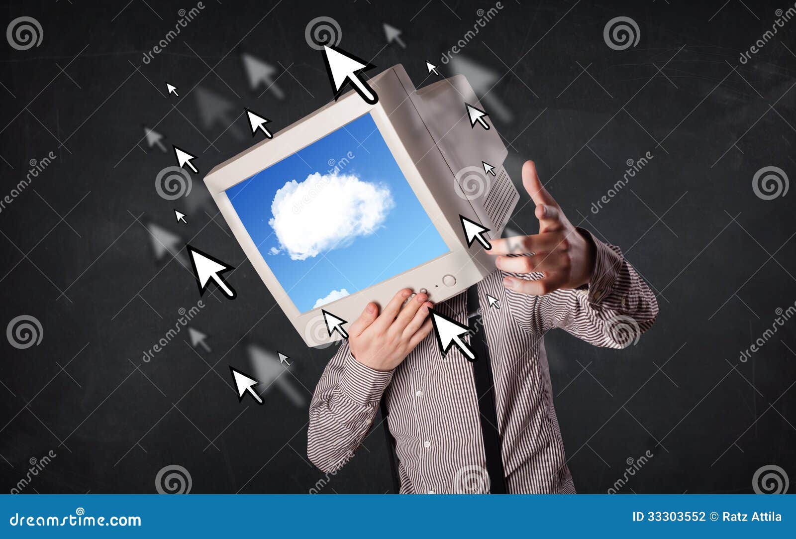 Business Man with a Monitor on His Head, Cloud System and Pointers on ...