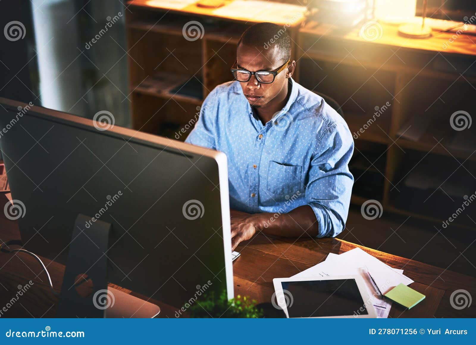Business Man, Night Developer and Computer with Office Typing and ...