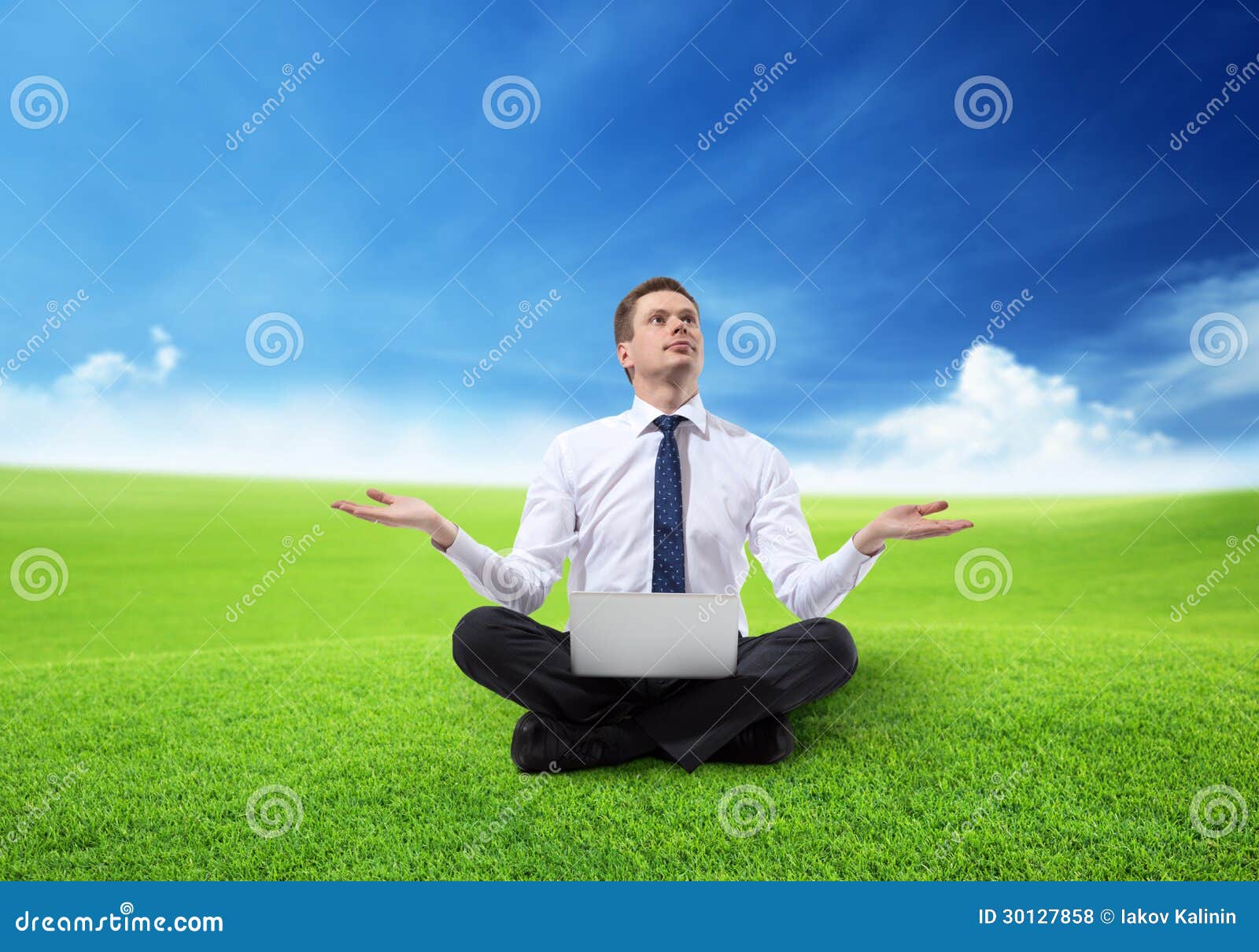 Business Man with Notebook Sitting on Grass Stock Photo - Image of ...