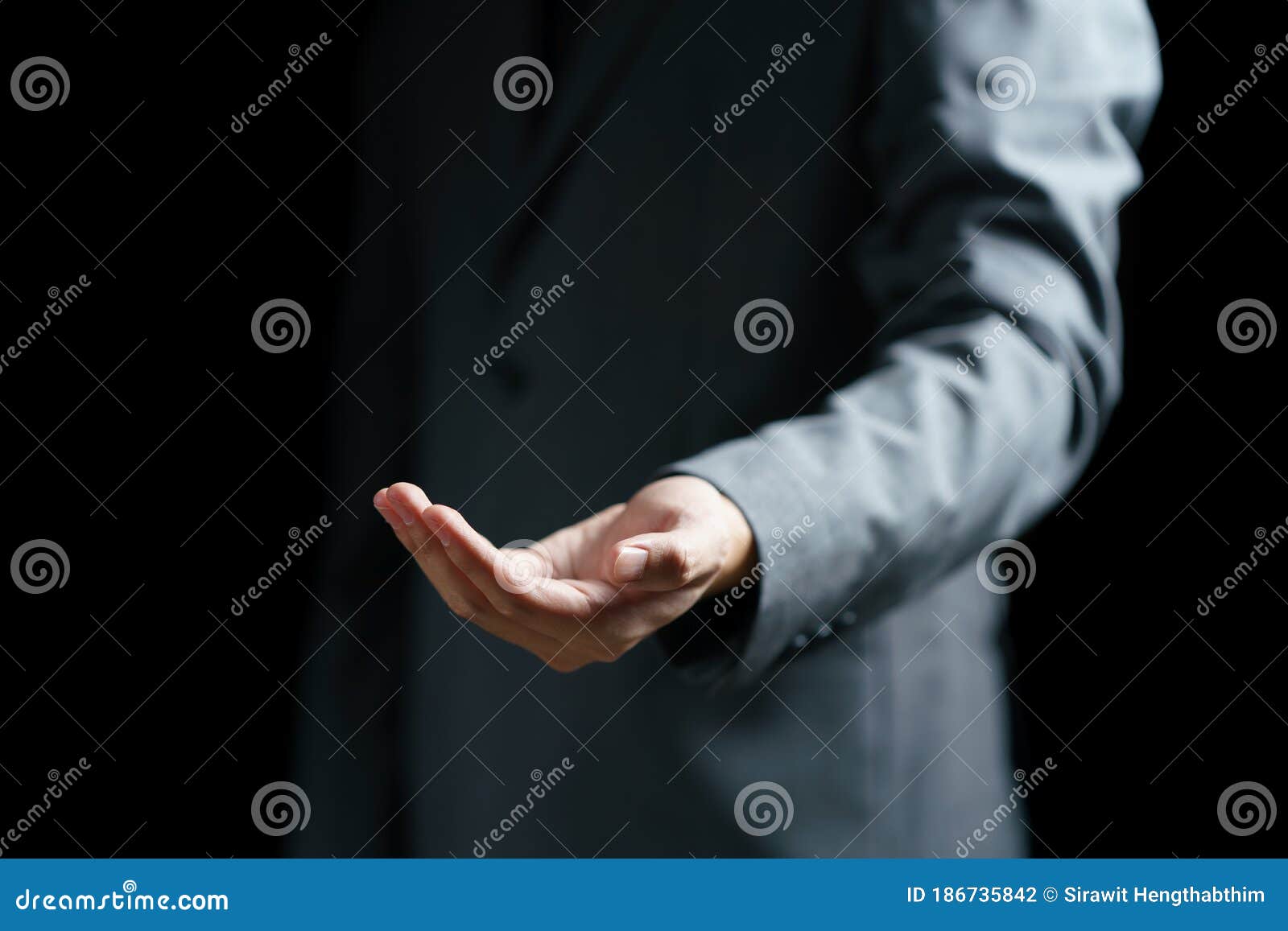 Business Man Open Empty Hand on Black Background Stock Photo - Image of ...