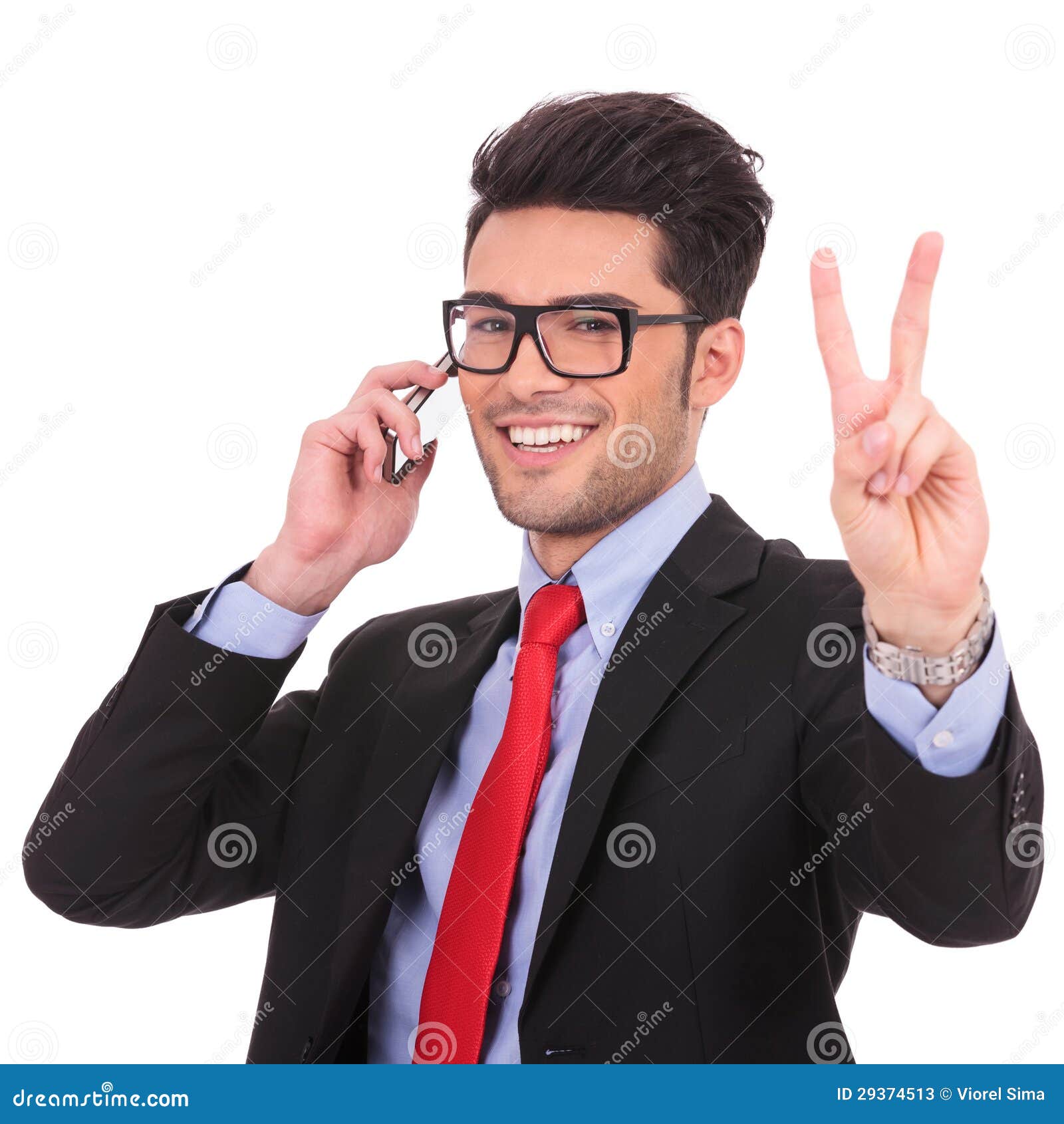 Business Man on Phone Shows Victory Sign Stock Image - Image of boss ...