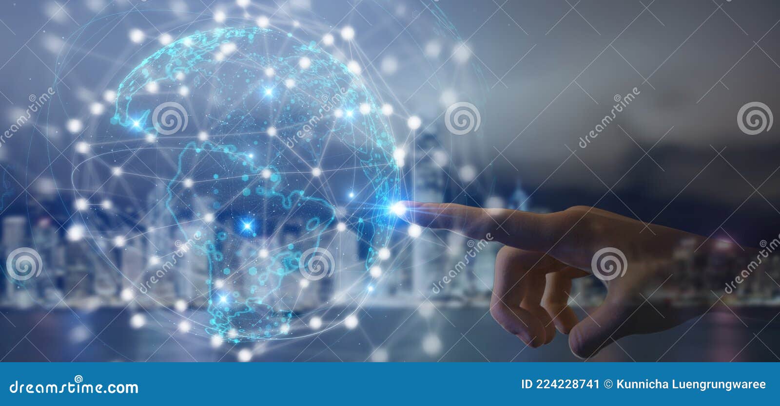 Business Man Point Hand To Communication Network Wireframe Mesh ...