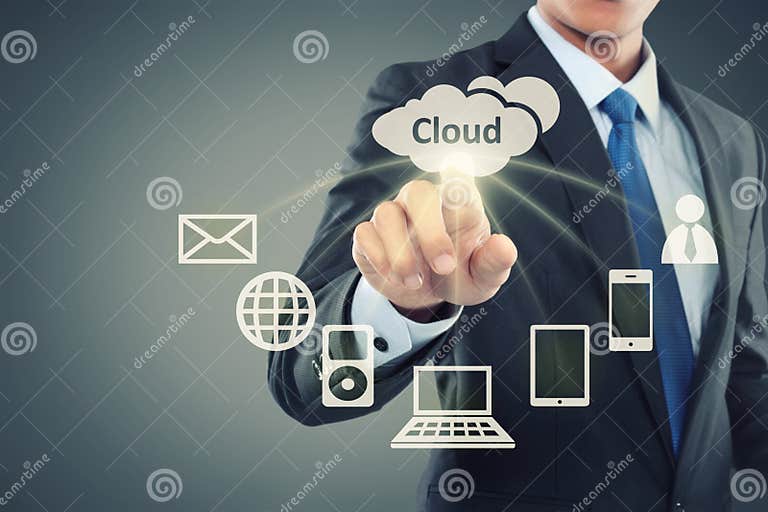 Business Man Pointing at Cloud Computing Stock Image - Image of device ...