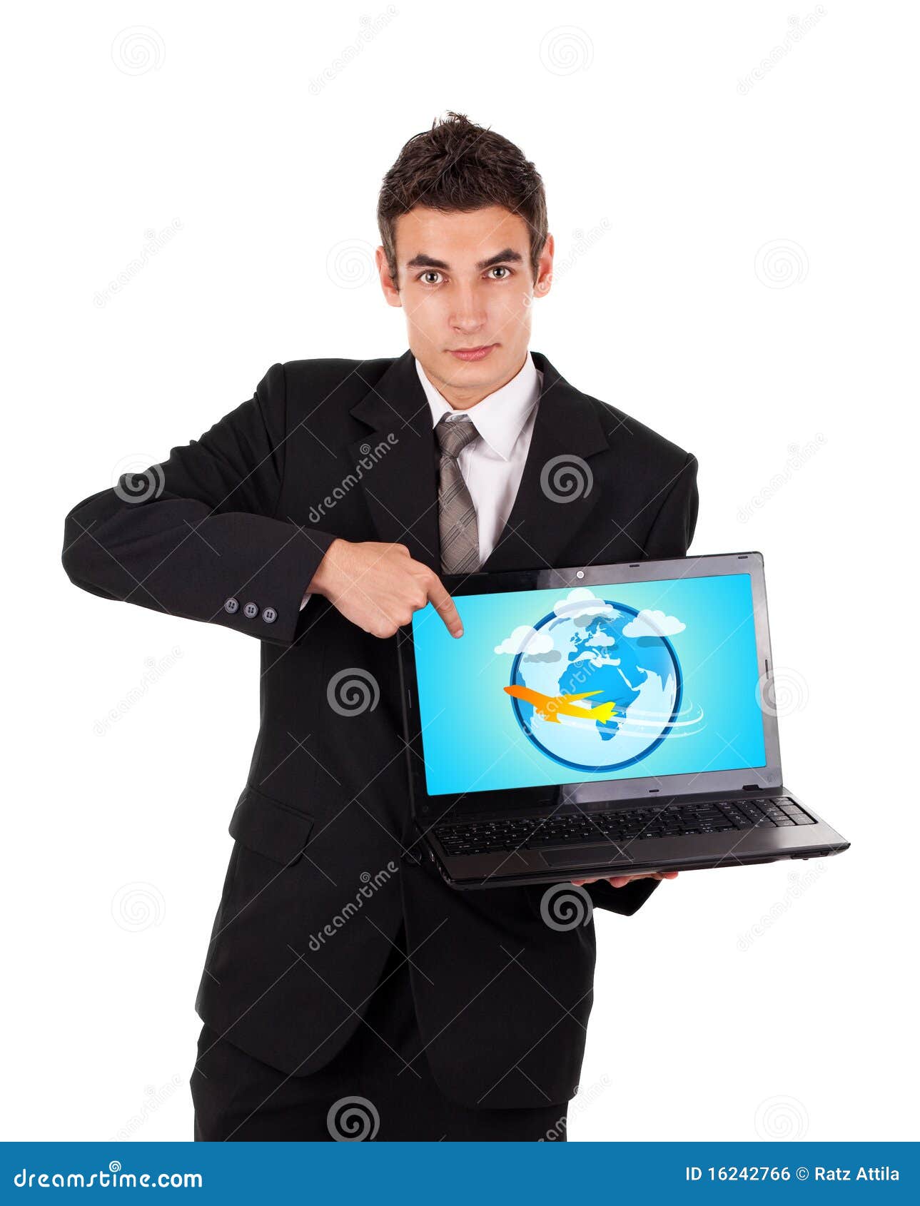 Business Man Pointing at a Laptop with Airplane Stock Photo - Image of ...