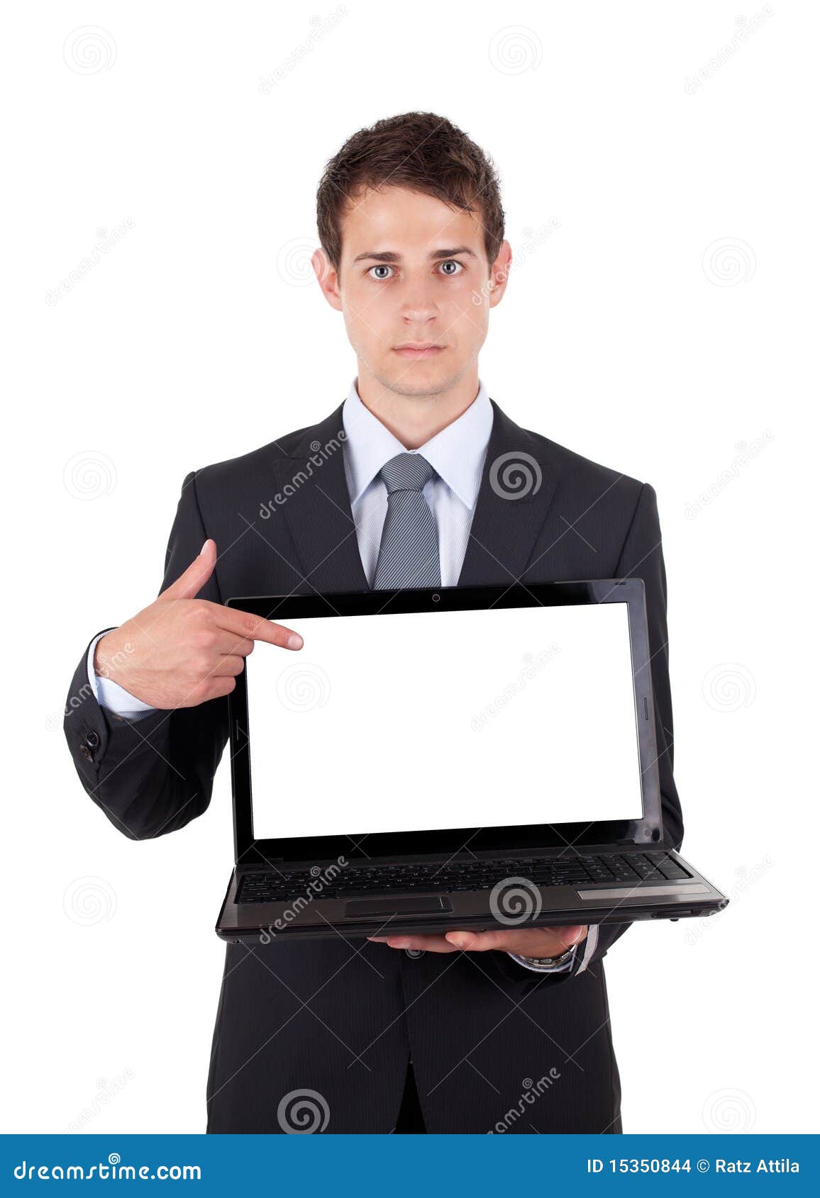 Business Man Pointing at a Laptop Computer Stock Photo - Image of adult ...