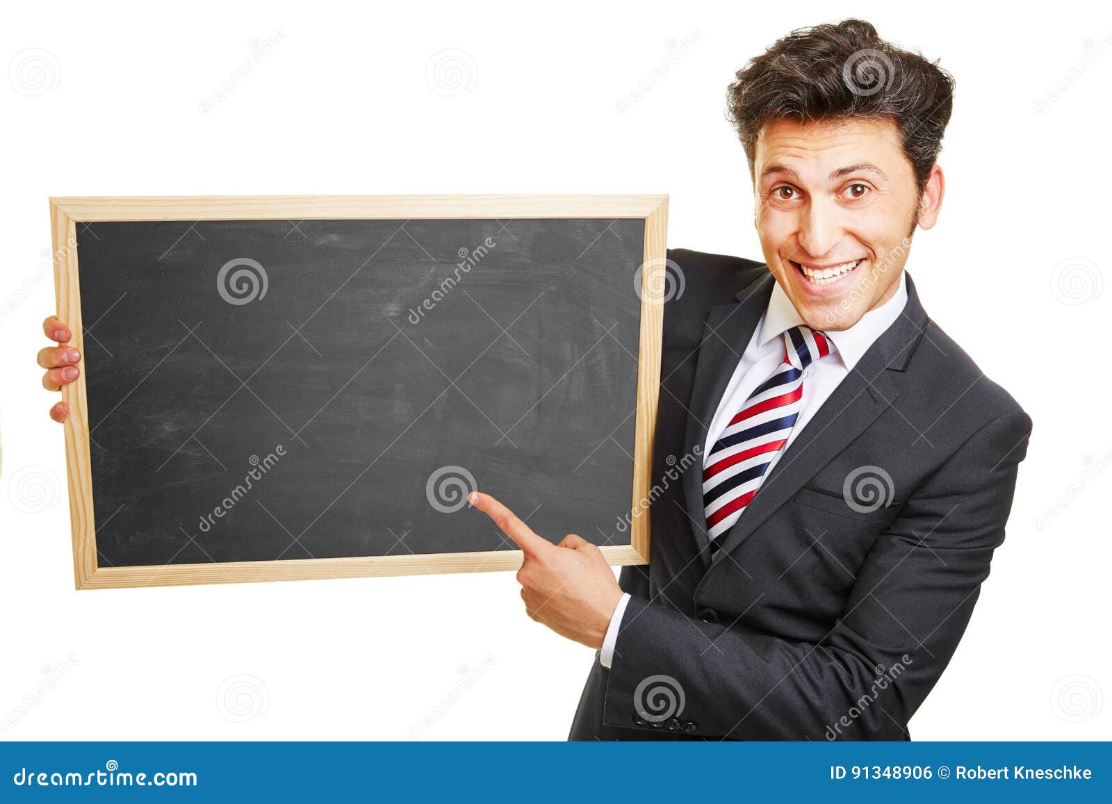 Business Man Pointing To Empty Chalkboard Stock Photo - Image of ...