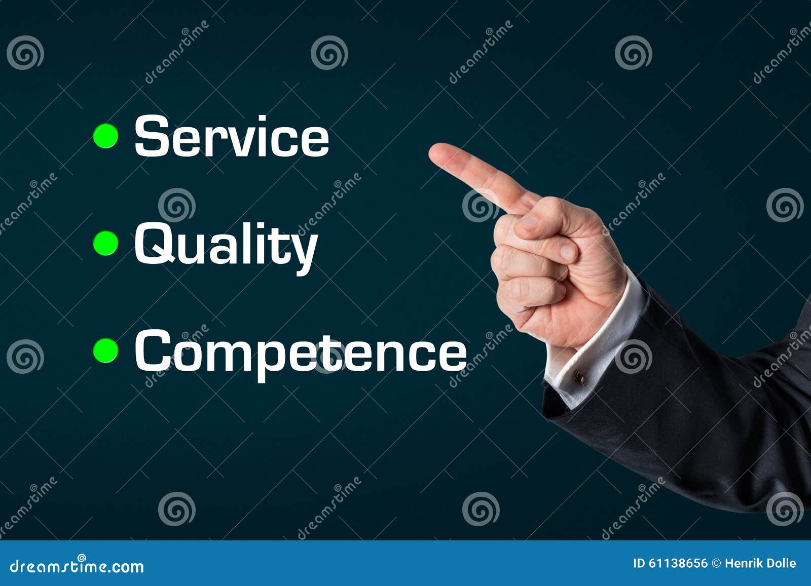Business Man Pointing at the Words -Service, Quality, Competence Stock ...
