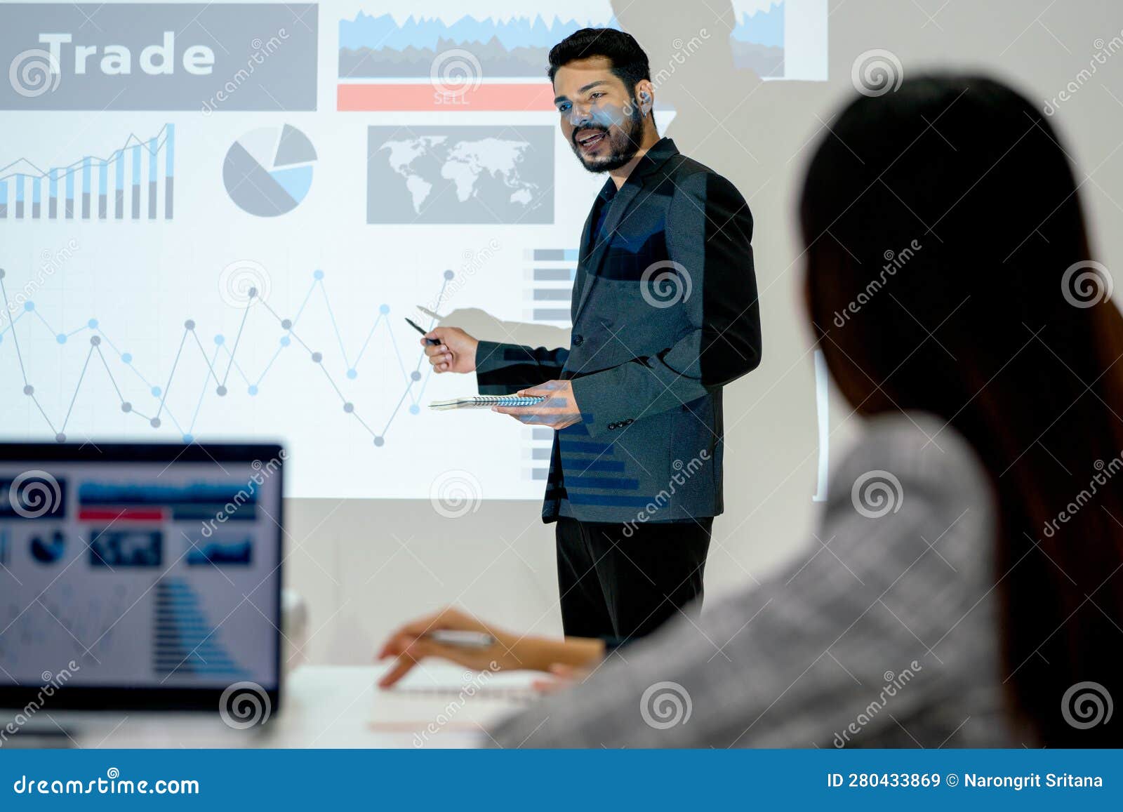 Business Man Present about the Project on White Wall that Presentation ...