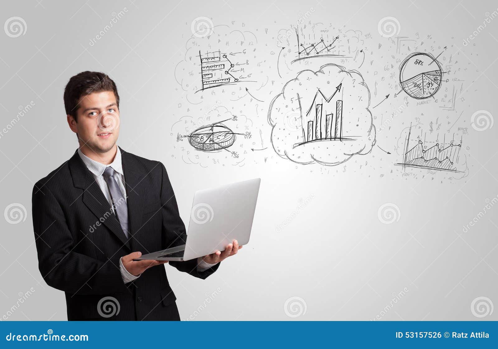 Business Man Presenting Hand Drawn Sketch Graphs And Charts Royalty ...