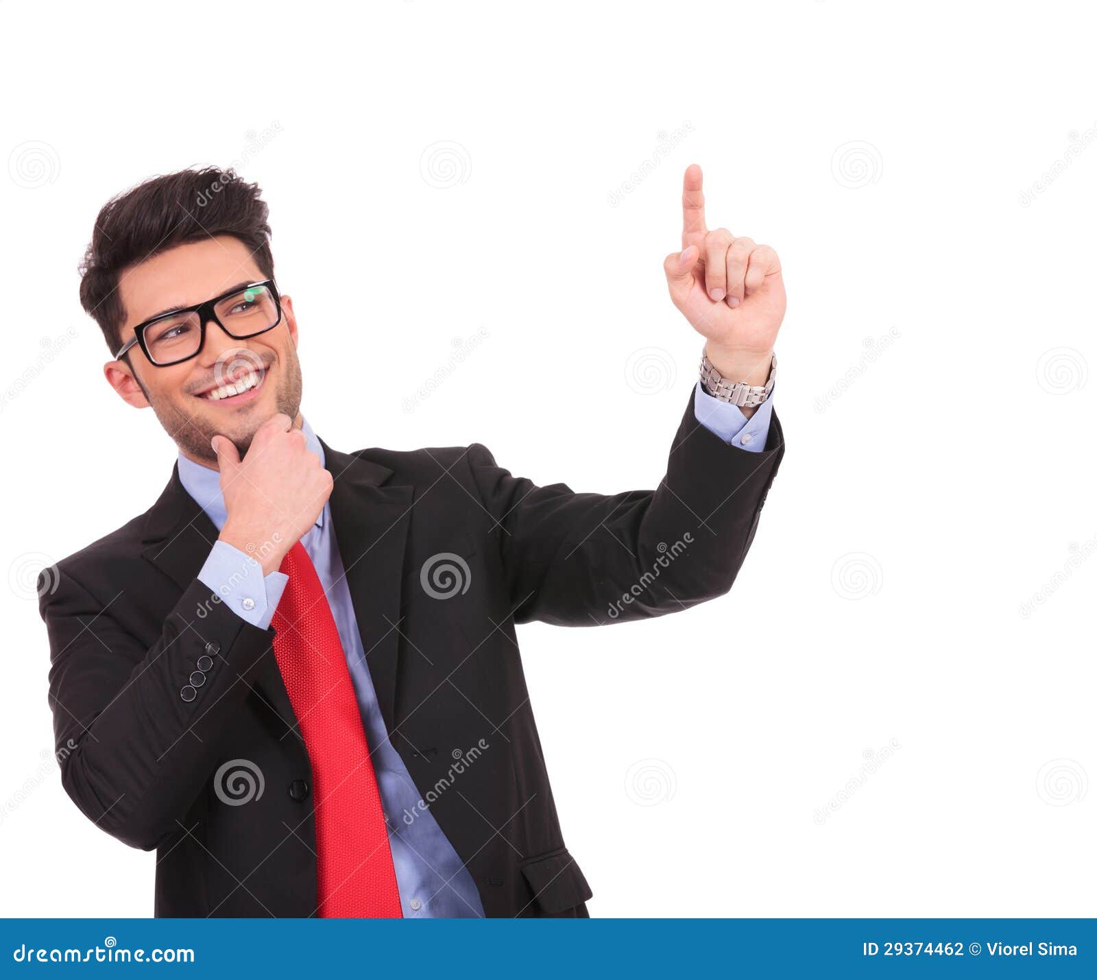 Business Man Pressing Imaginary Button Stock Photo - Image of ...