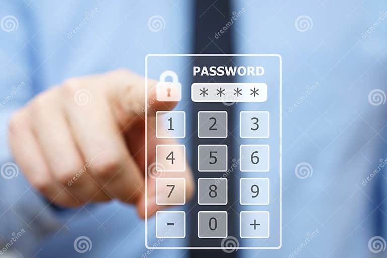 Business Man Pressing Security Code on Virtual Keypad Stock Photo ...
