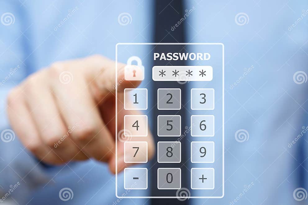 Business Man Pressing Security Code on Virtual Keypad Stock Photo ...