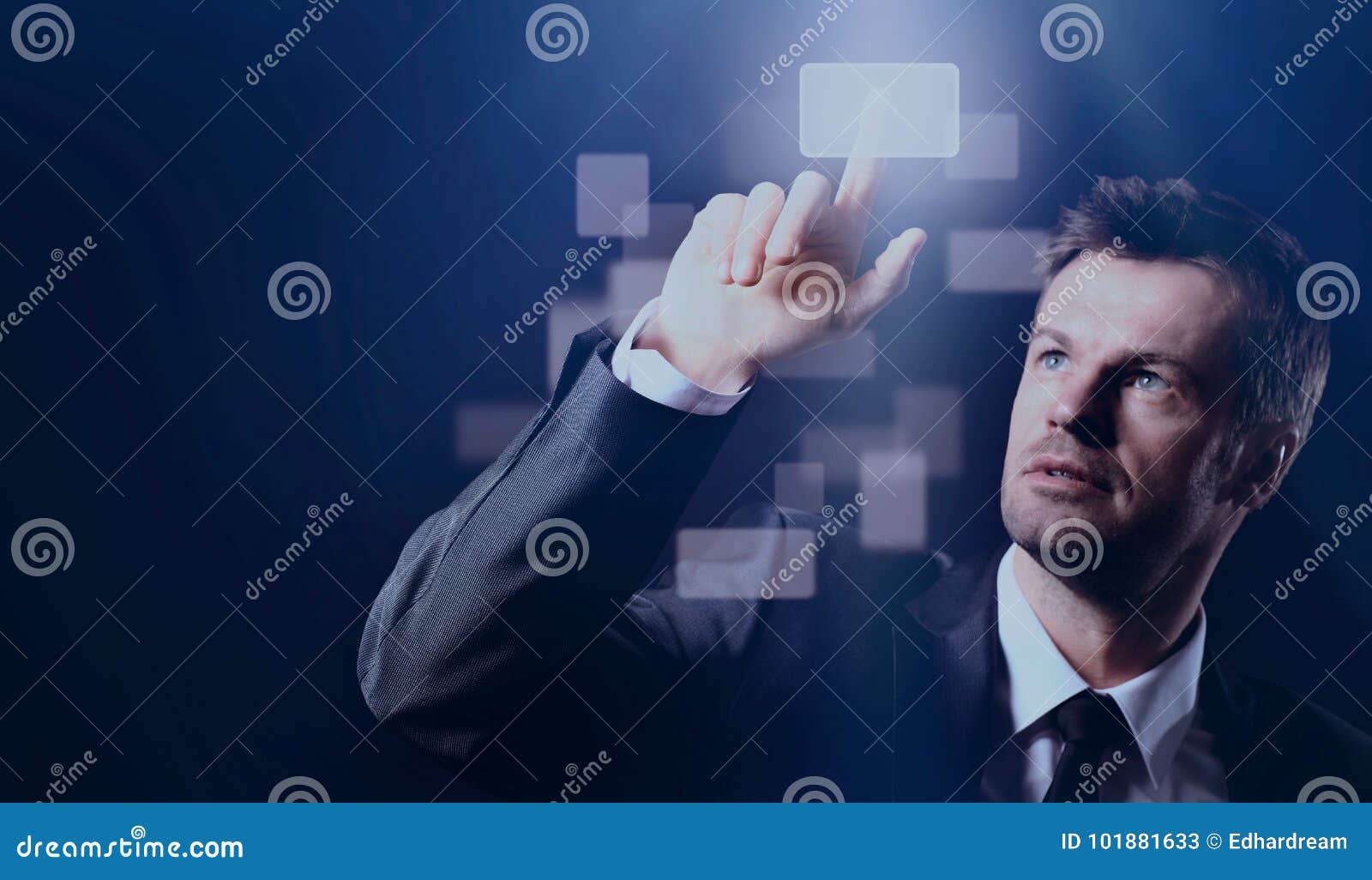 Business Man Pressing Virtual Button on Black Background Stock Image ...