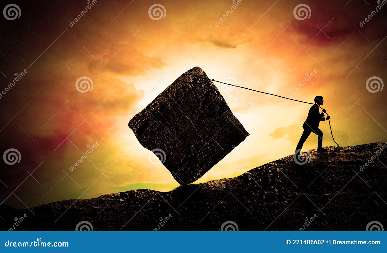 Business Man Pull a Big Rock Block Up To Hill. Business Struggle and ...