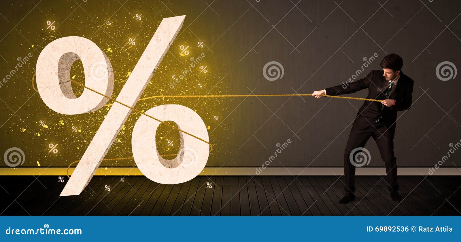 Business Man Pulling Rope With Big Procent Symbol Sign Stock Photo ...
